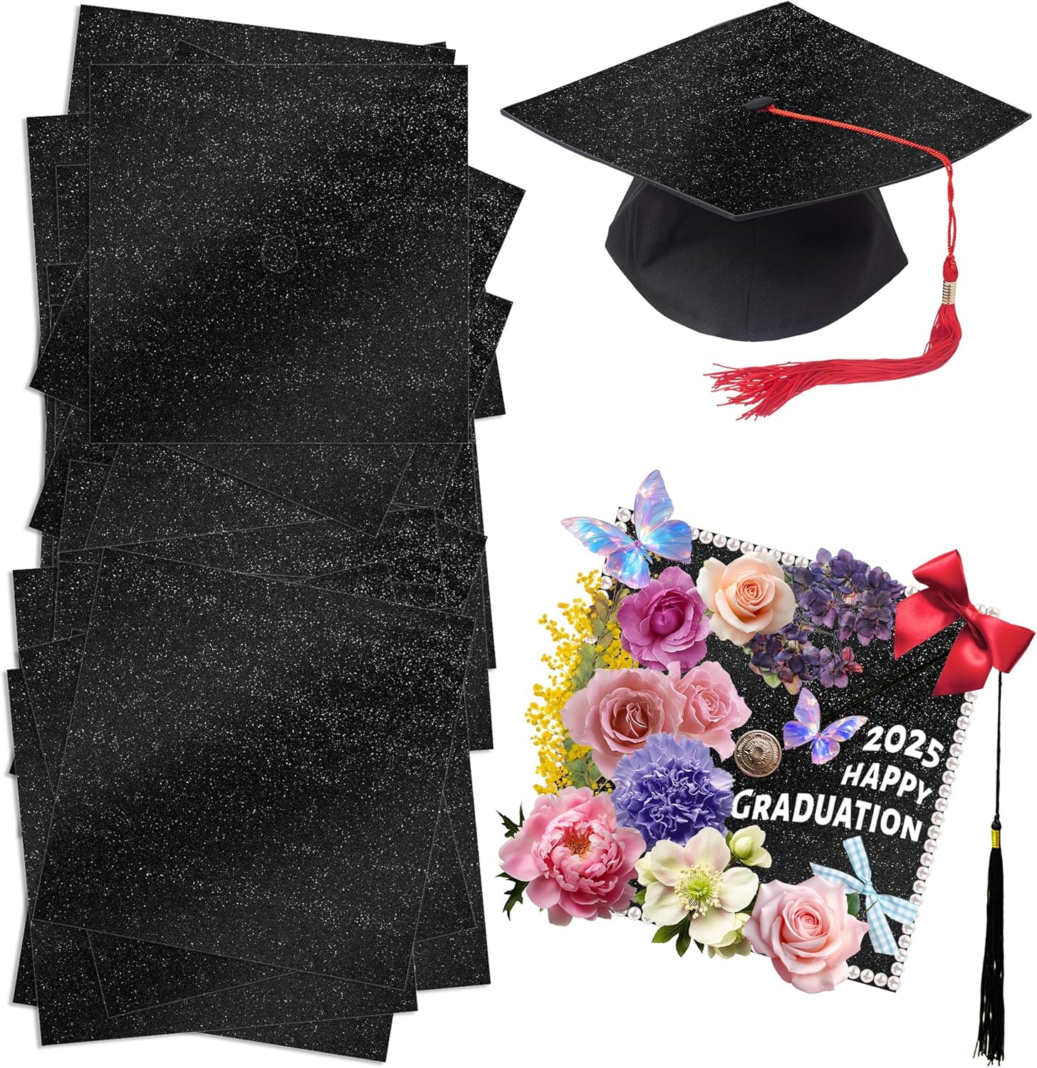 Amazon.com : Qumenan 24 Sheets Graduation Cap Decorations Black Glitter ...