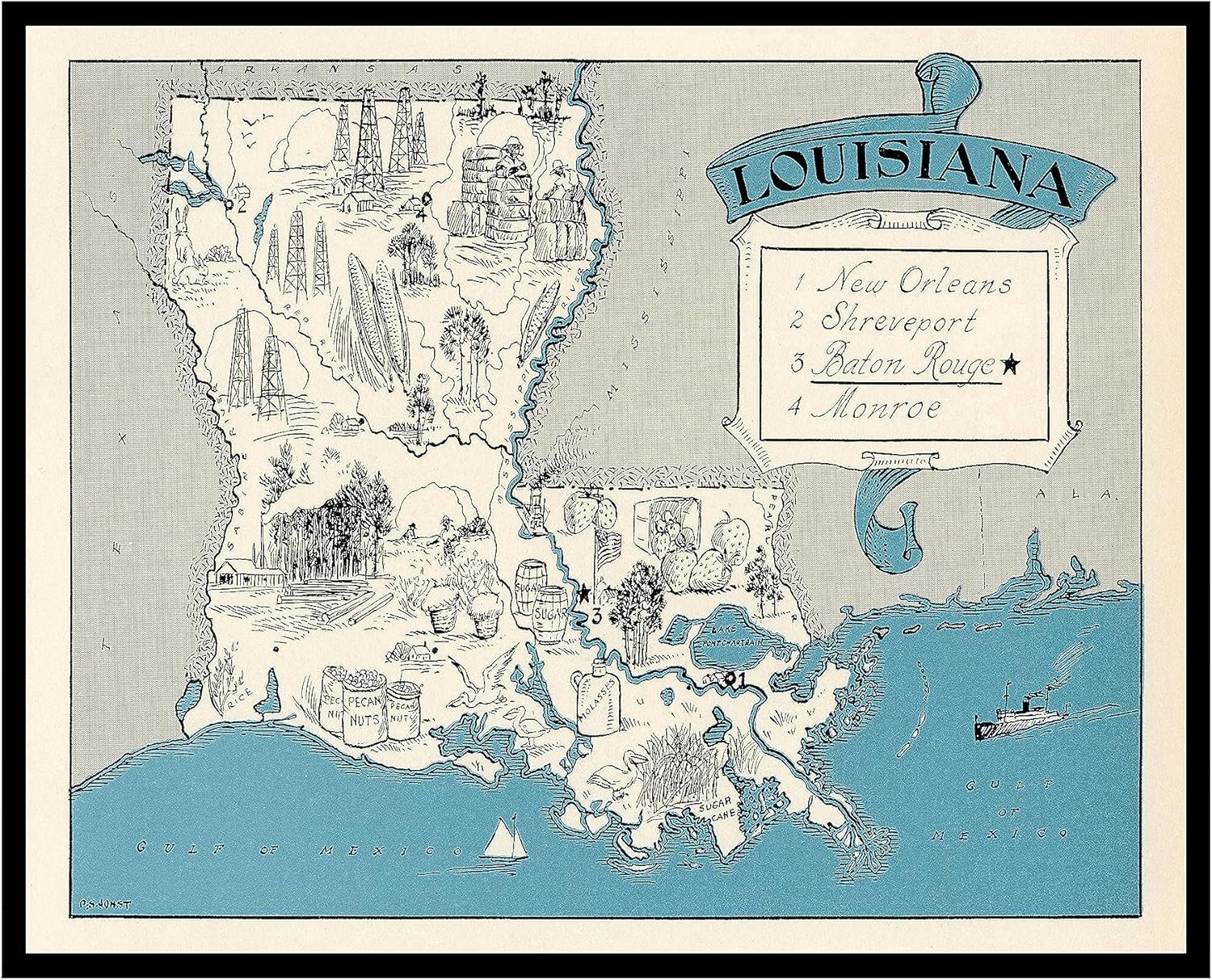 Amazon.com: Poster Master Vintage Map Poster - Retro Louisiana Map ...