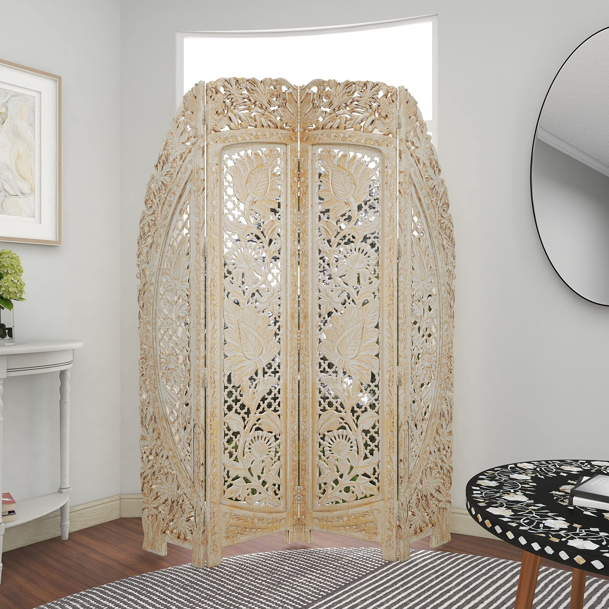 Deco 79 Wood Floral Handmade Hinged Foldable Arched Partition 4 Panel ...