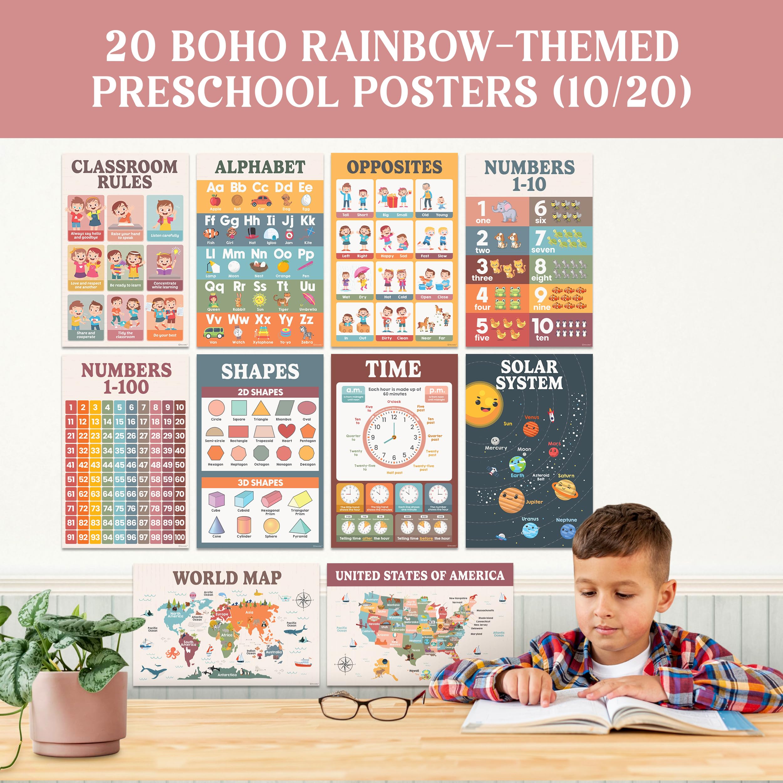 Snapklik.com : Decorably 20 Boho Learning Posters For Kids Ages 3-5