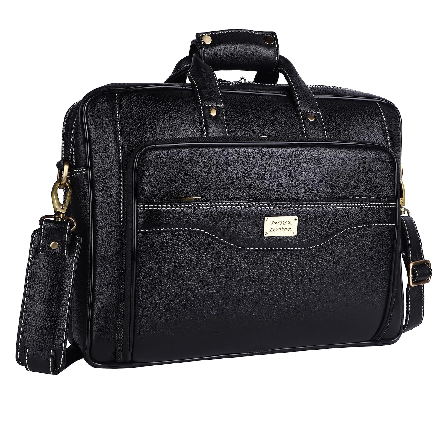Genuine Leather Laptop Office Bag for Men with Trolley Straps and Carry ...