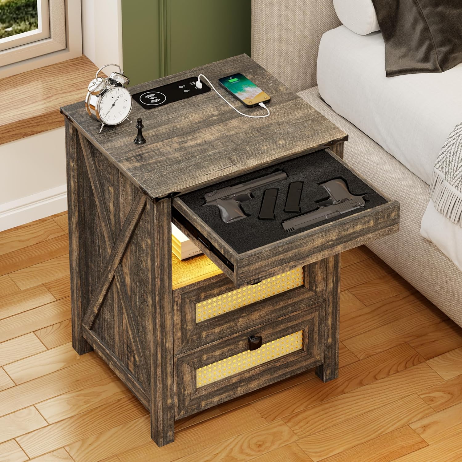 Amazon.com: FREDEES Rustic Nightstand with Gun Drawer, End Table with ...