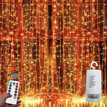 Battery Operated Curtain String Lights, 6.6×6.6ft 200 LED Curtain ...