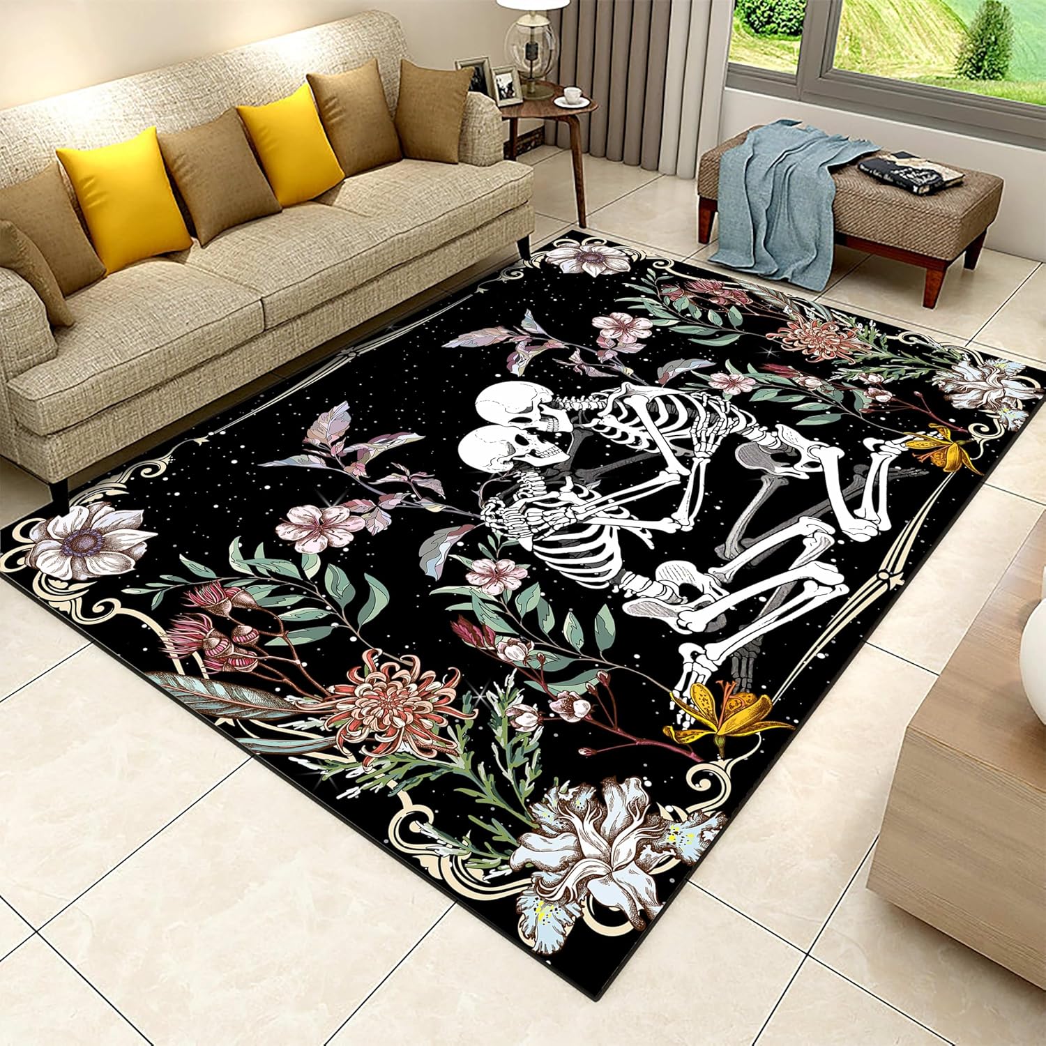 Amazon.com: Gothic Skull Floral Area Carpet, 8x10ft, Skeleton Couple ...