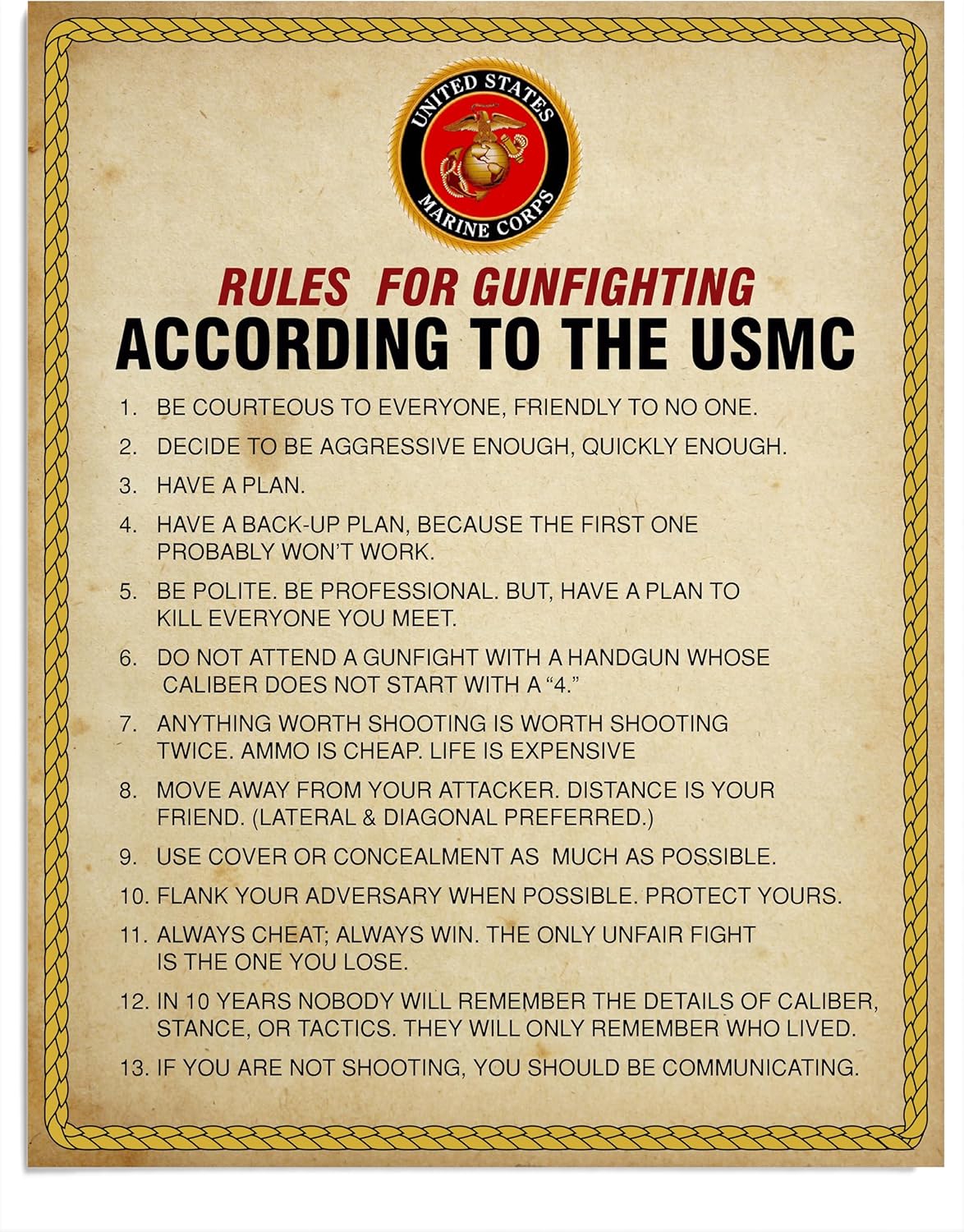 Amazon.com: AMERICAN LUXURY GIFTS Rules For Gun Fighting - USMC Wall ...