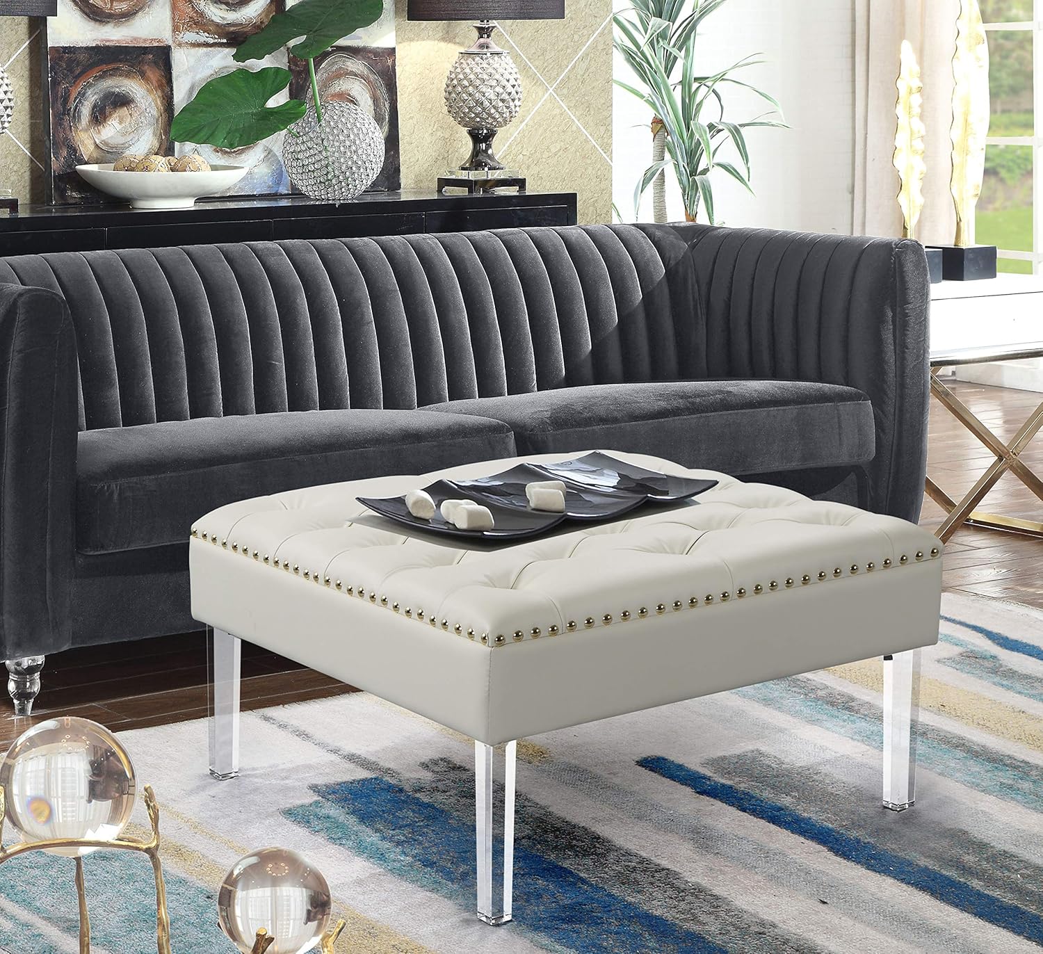 Amazon.com: Iconic Home Gael Square Ottoman Center Table Button Tufted ...