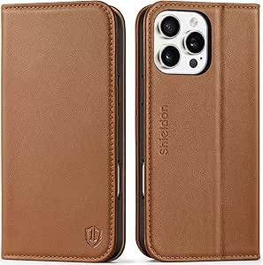 SHIELDON Case for iPhone 16 Pro Max 6.9" 2024, Genuine Leather Flip Wallet Case with [Kickstand ...