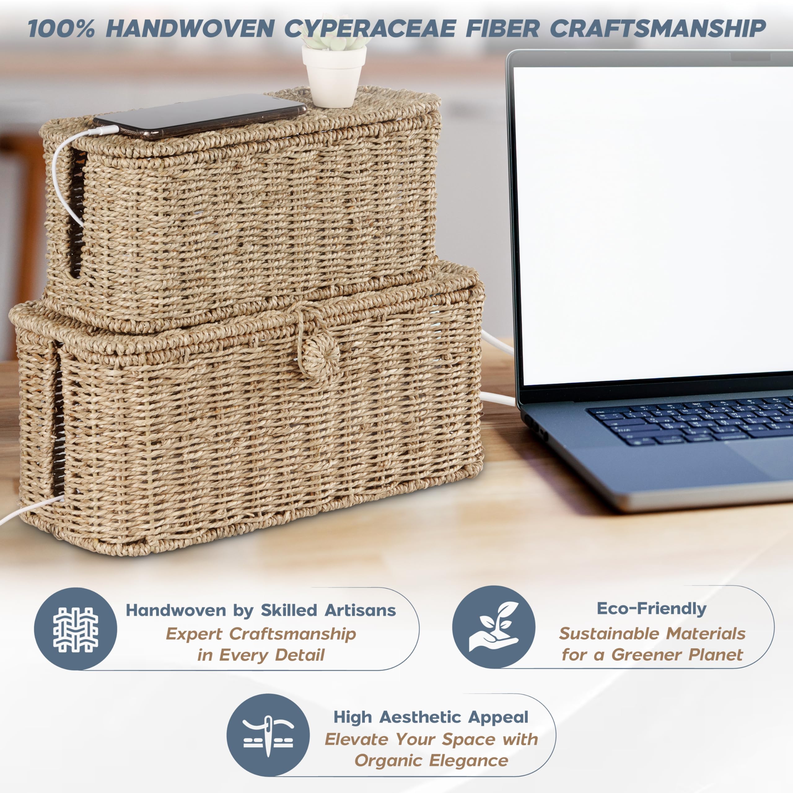 Snapklik.com : 2-Pack Large Cable Management Box, Natural Rattan Cable ...