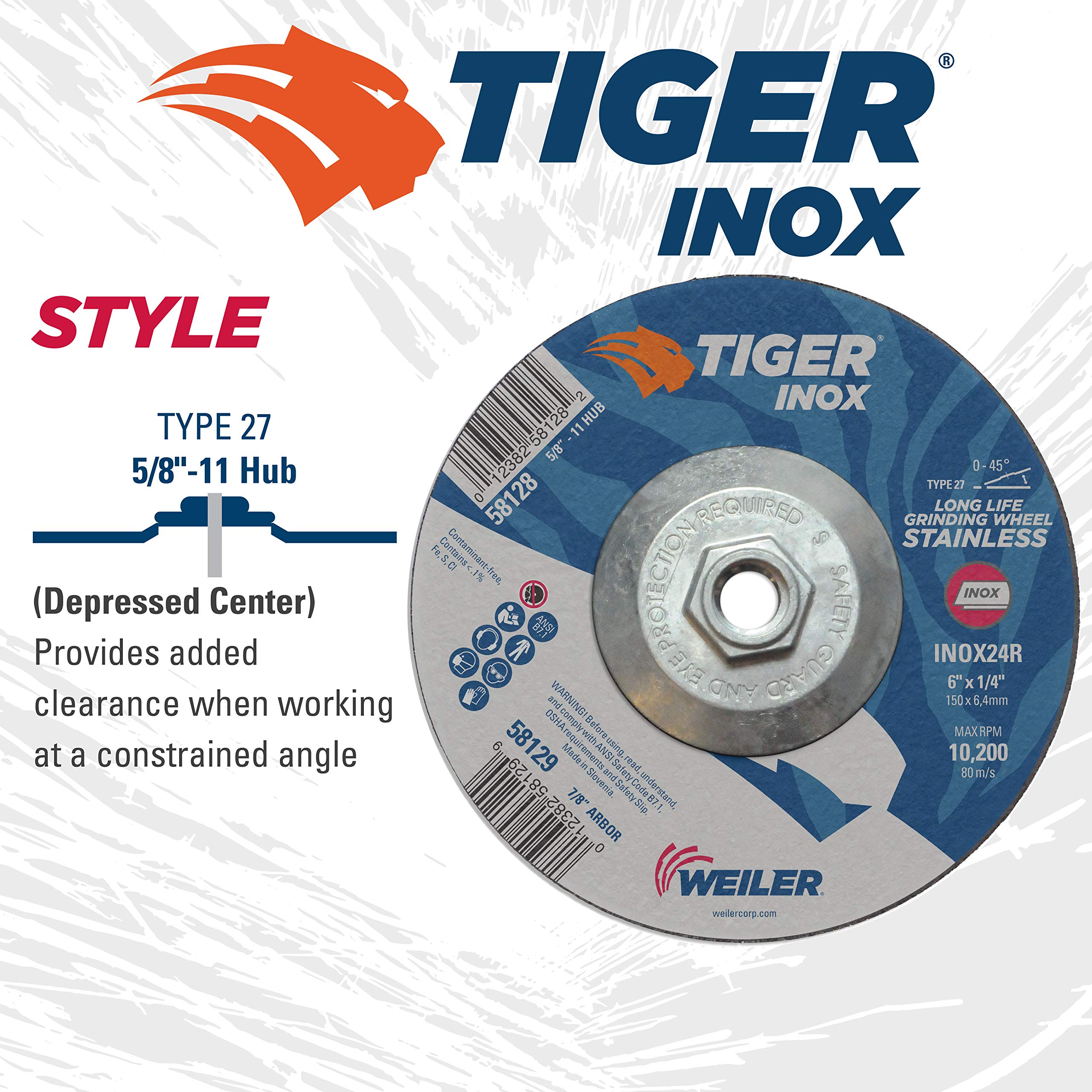 Snapklik.com : Weiler 58128 6" X 1/4" Tiger INOX Type 27 Grinding Wheel ...