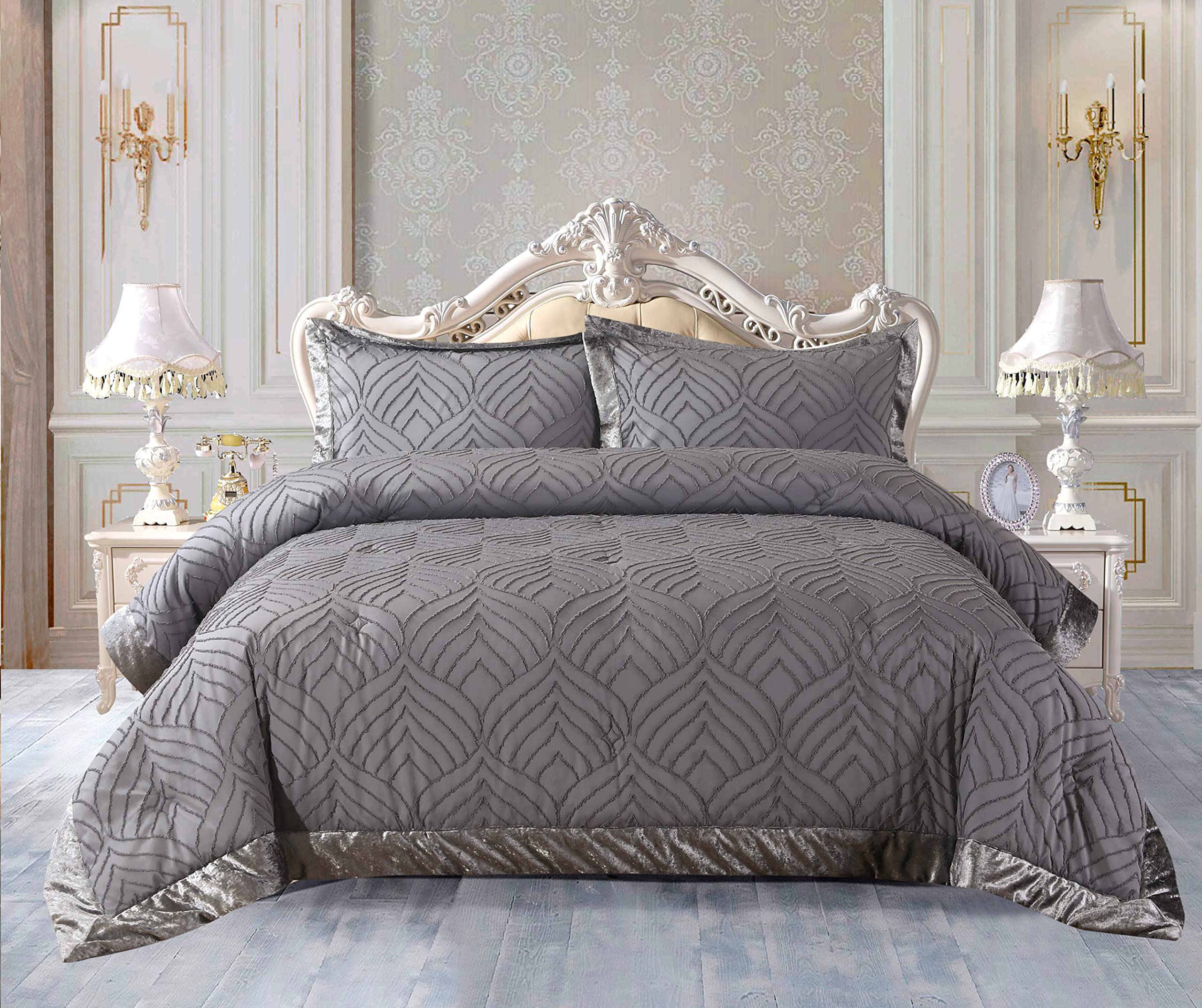 Prime Linens king Grey Quilted Bedspread 3 Piece Tufted Velvet Edge ...
