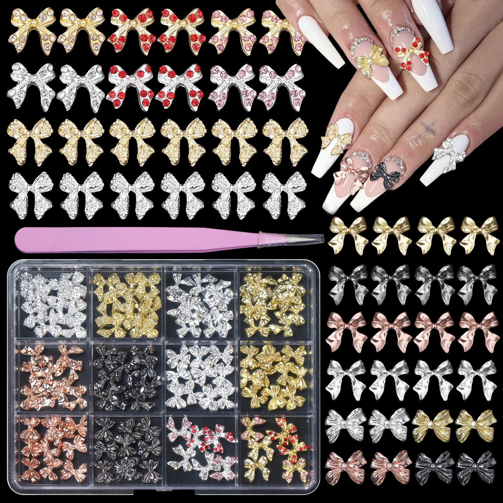 Amazon.com: 80 Pcs 3D Bows Nail Charms, 8 Styles Bowknot Metal Nail Art ...