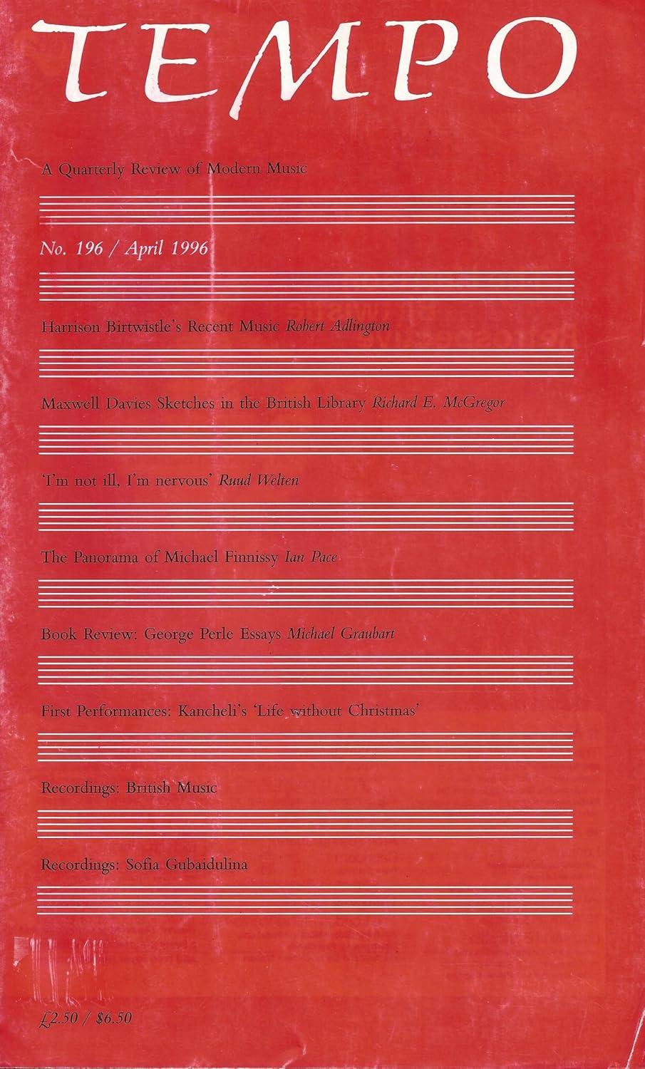 Tempo : Recent Music of Harrison Birtwistle; Maxwell Davies Sketches in ...
