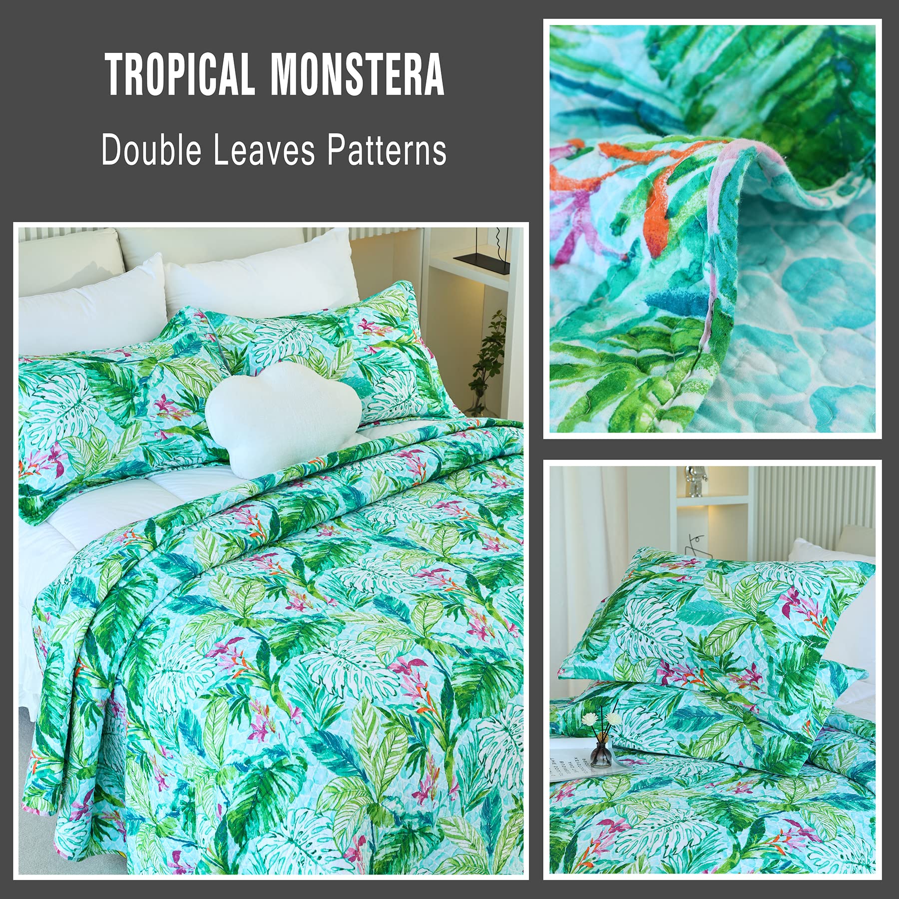 EVENHUG Green Leaf Twin Quilt Set Cotton Tropical Palm Bed Cover Double ...