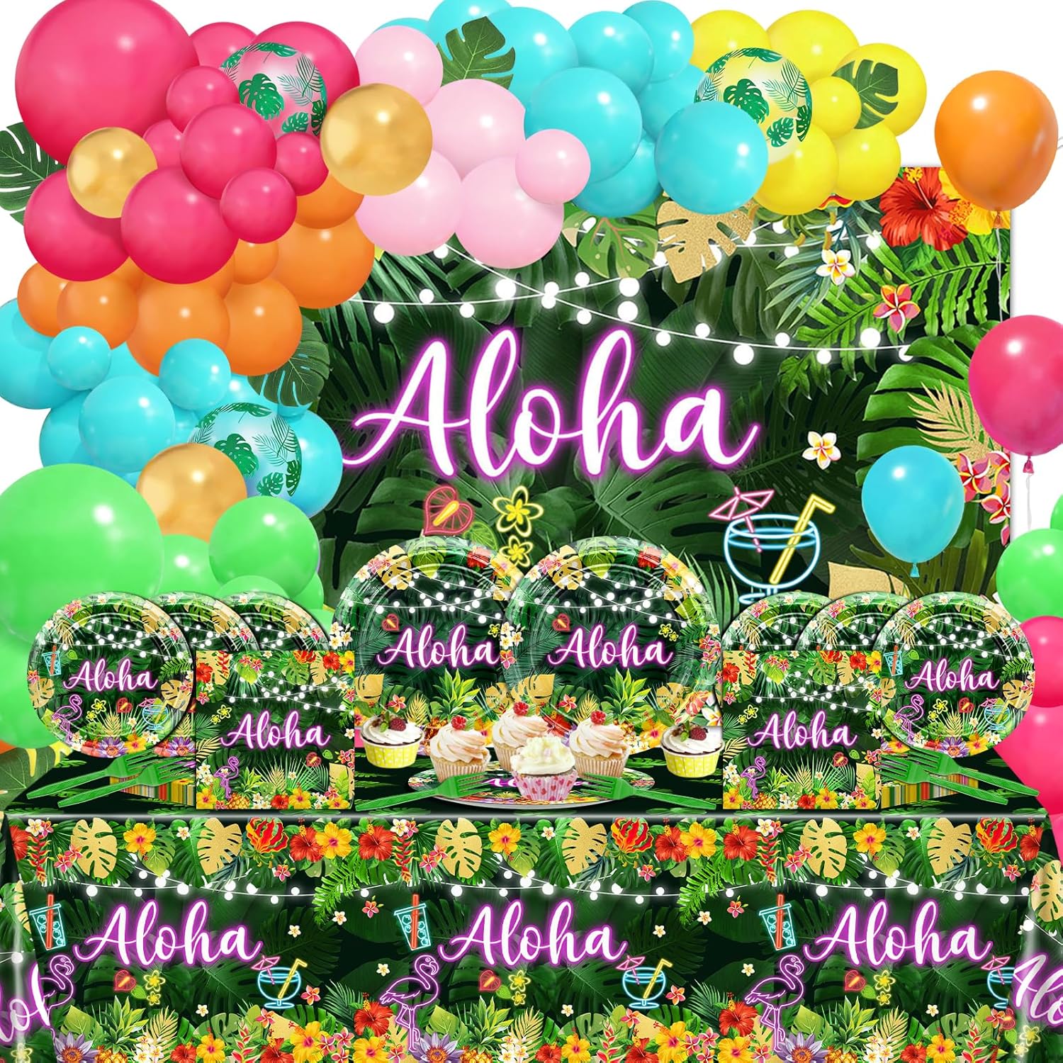 Amazon.com: Lecheme Hawaiian Aloha Party Decorations 204 Pcs Luau Party ...