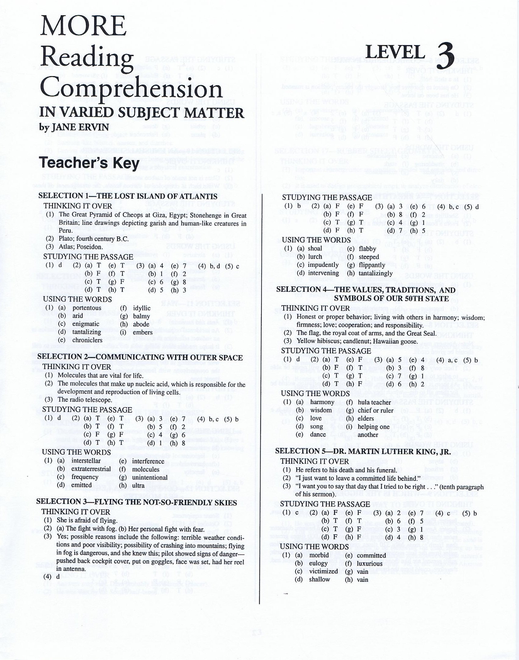 More Reading Comprehension Level 3 - Answer Key: unknown author ...