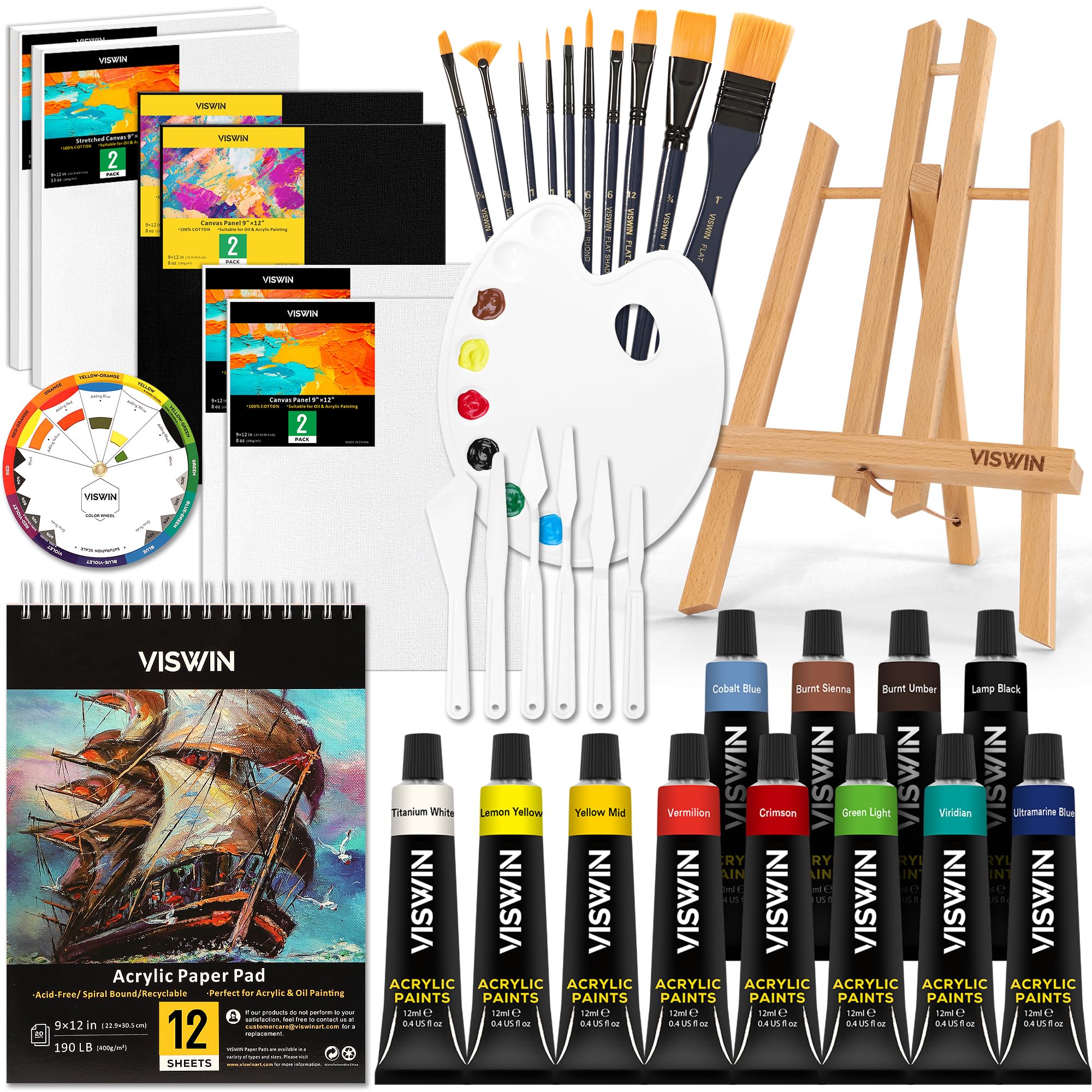 Amazon.com: VISWIN 50 Pcs Acrylic Paint Set with Wooden Easel, Acrylic ...