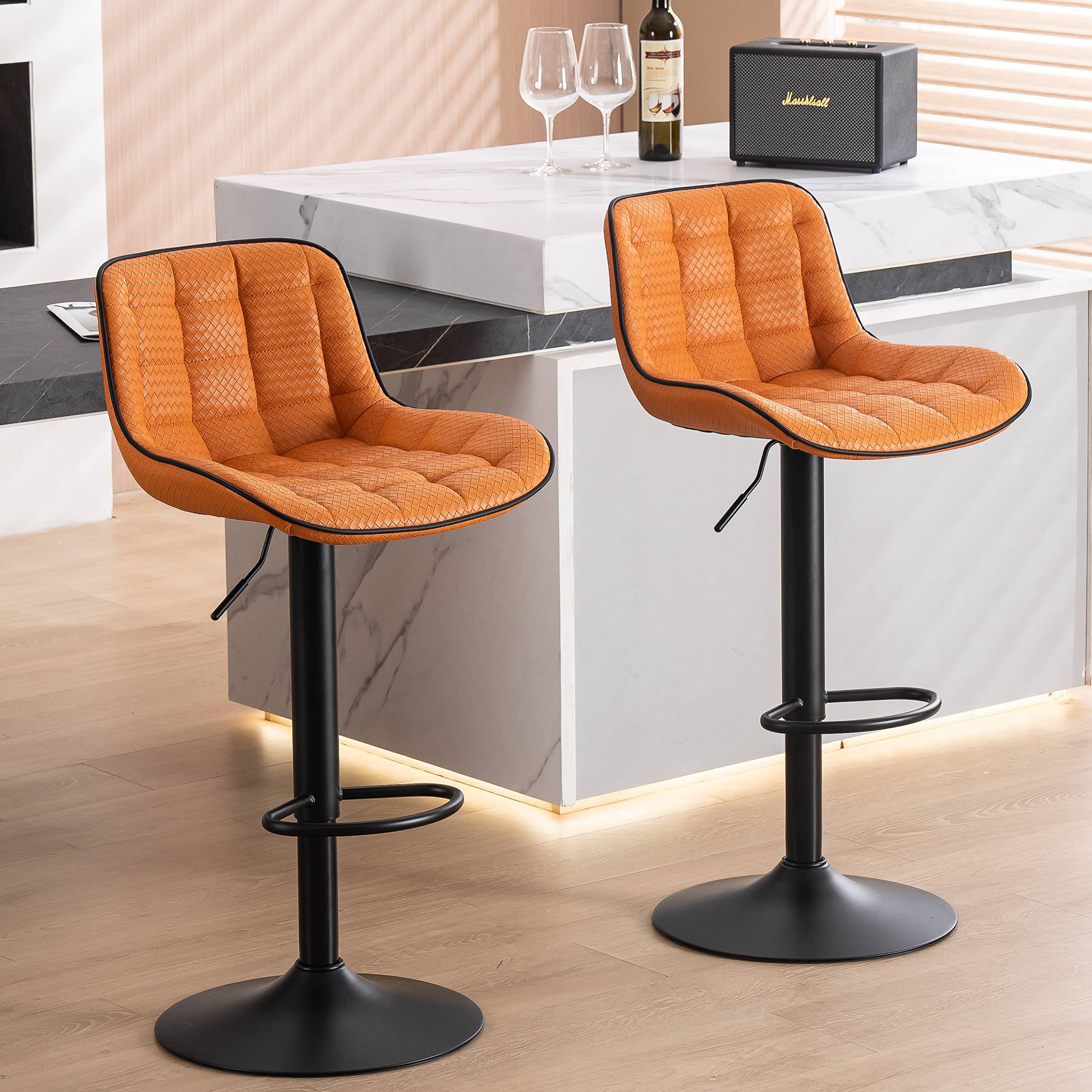Kidol & Shellder Bar Stools Set of 2 Orange PU Upholstered Adjustable ...
