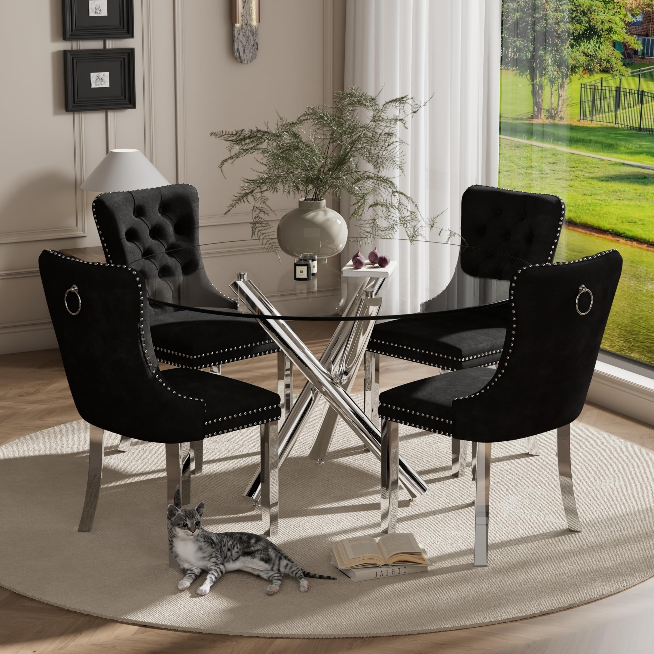 Amazon.com - HAIZAO Modern Luxury Round Glass Dining Set for 4, 5 Pcs ...