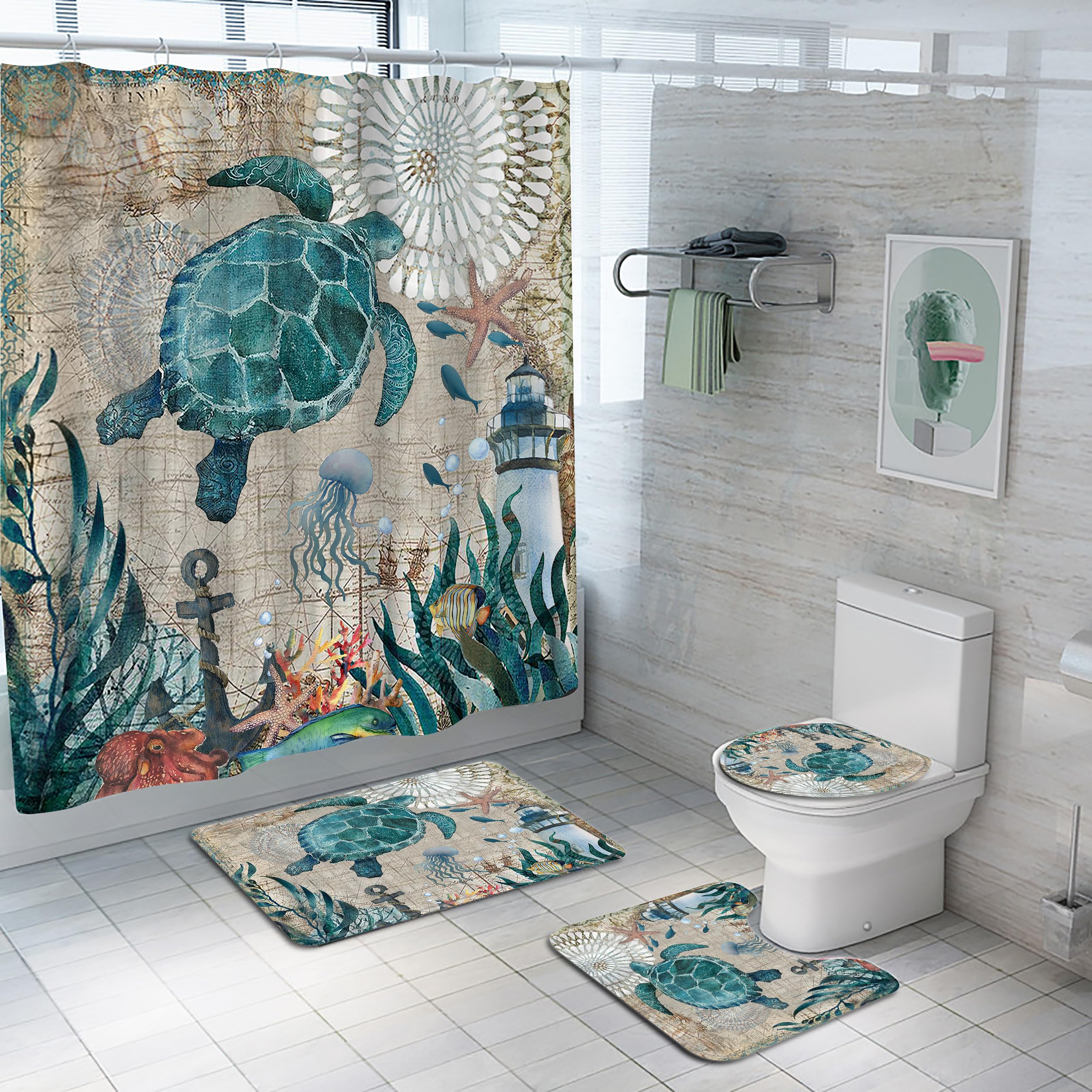 Amazon.com: Planially 4Pcs Sea Turtle Shower Curtain Sets, Ocean Turtle ...