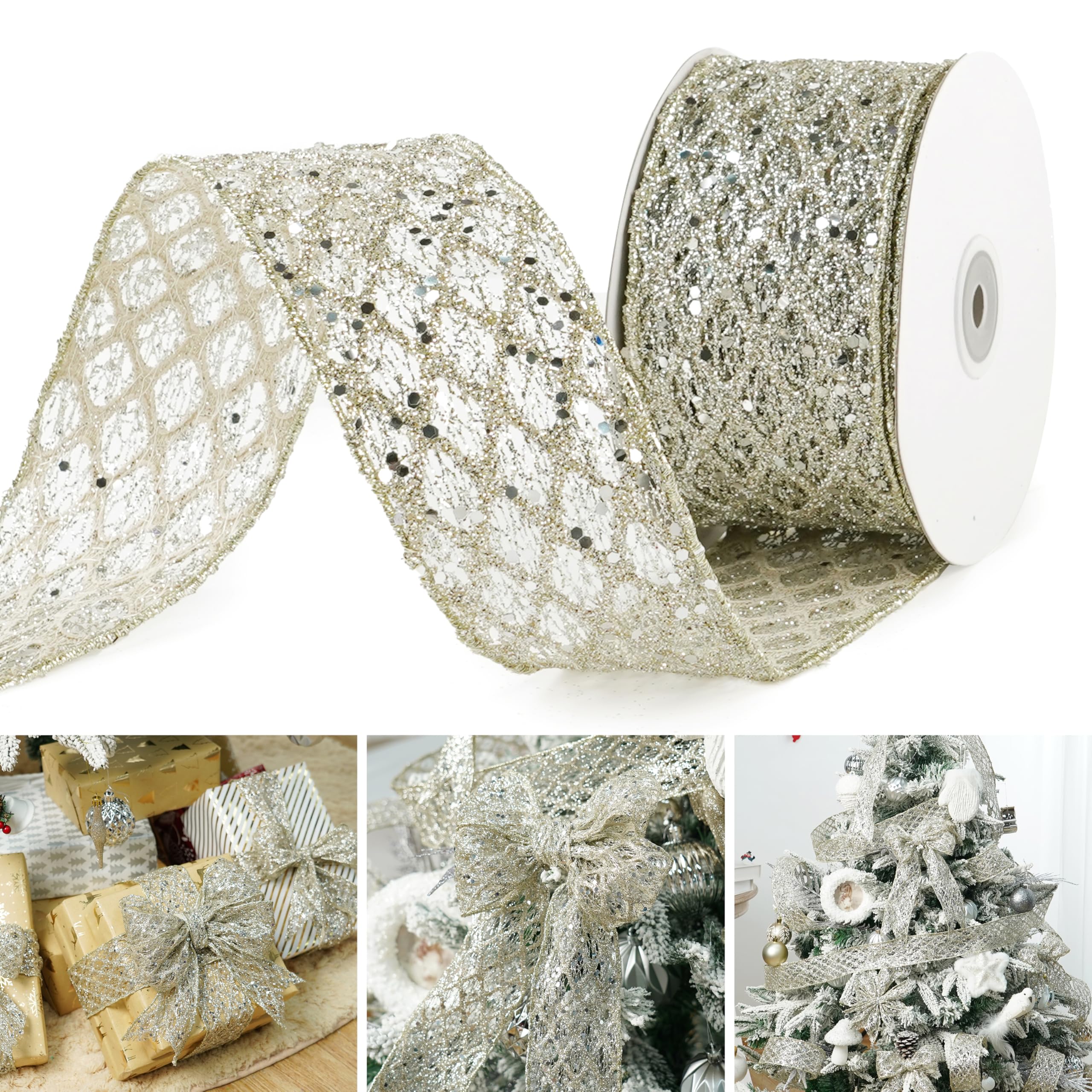Amazon.com: Mayreel Light Champagne Glitter Diamond Mesh Wired Ribbon 2 ...