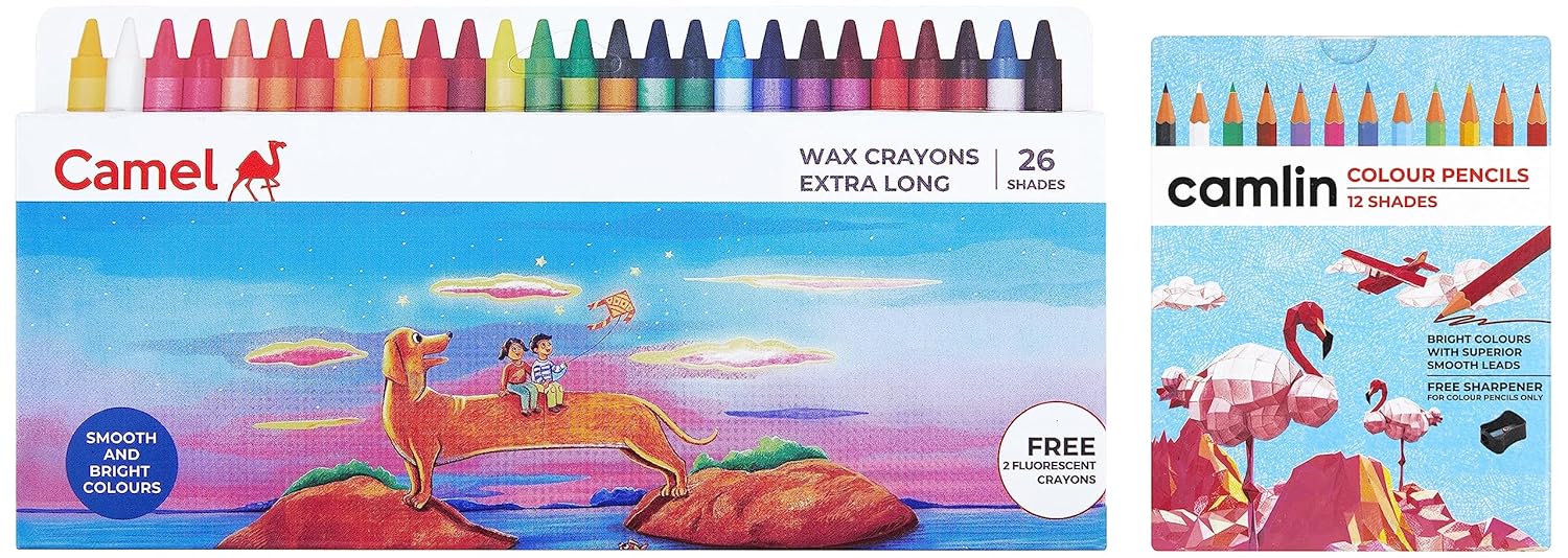 Camel Camlin Kokuyo Extra Long Wax Crayons - 24 Shades Camlin Kokuyo Half Size Color Pencil with ...