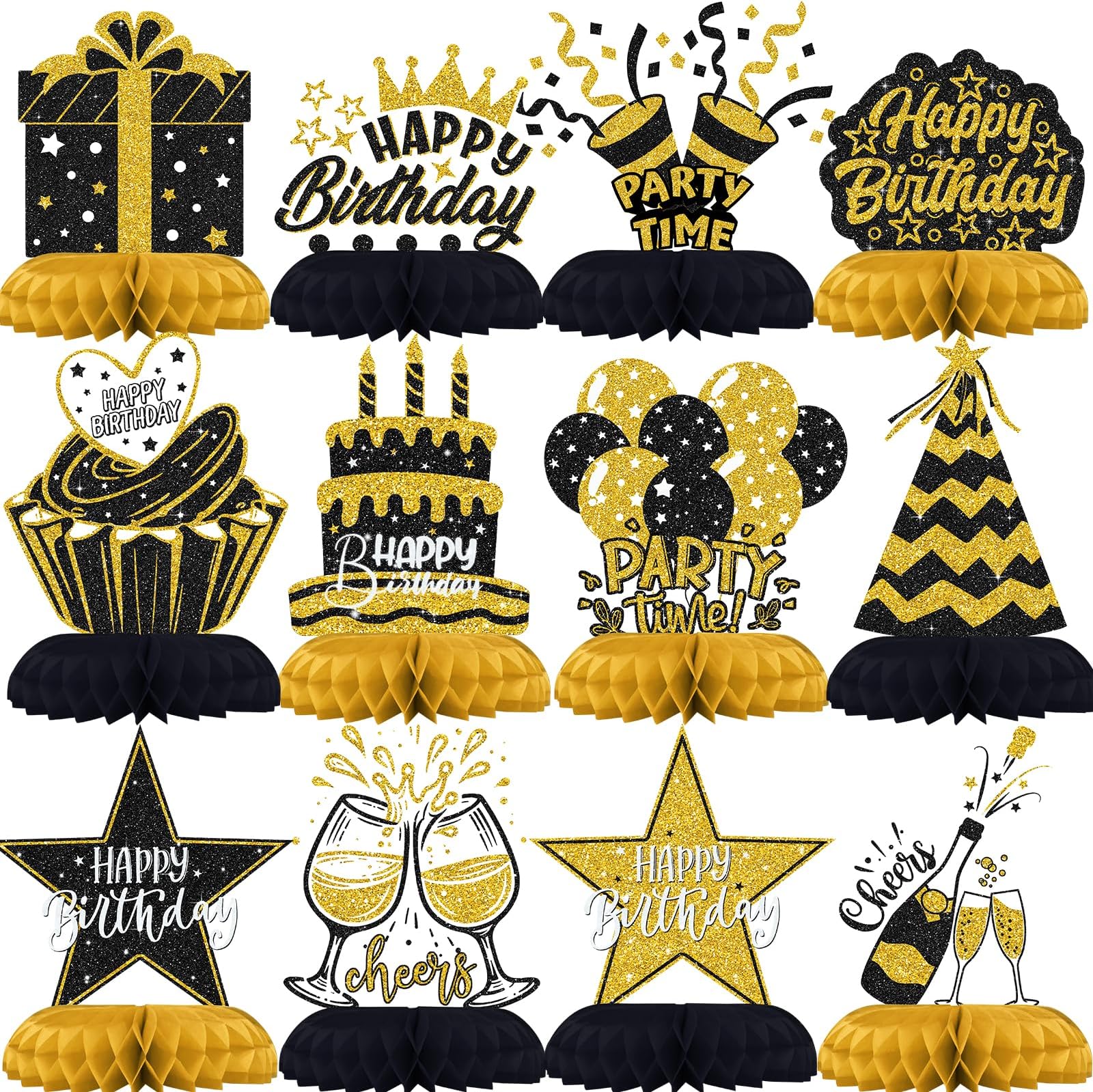 Amazon.com: Black and Gold Birthday Decorations – 12Pcs Honeycomb Table ...