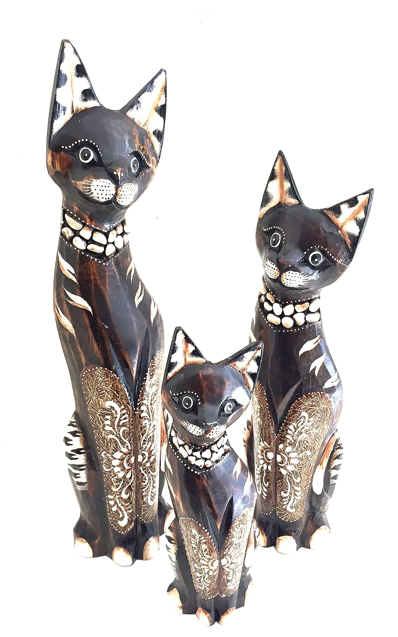 Amazon.com: Large Hand Carved Wooden Stunning Cat Statue Set of 3 ...