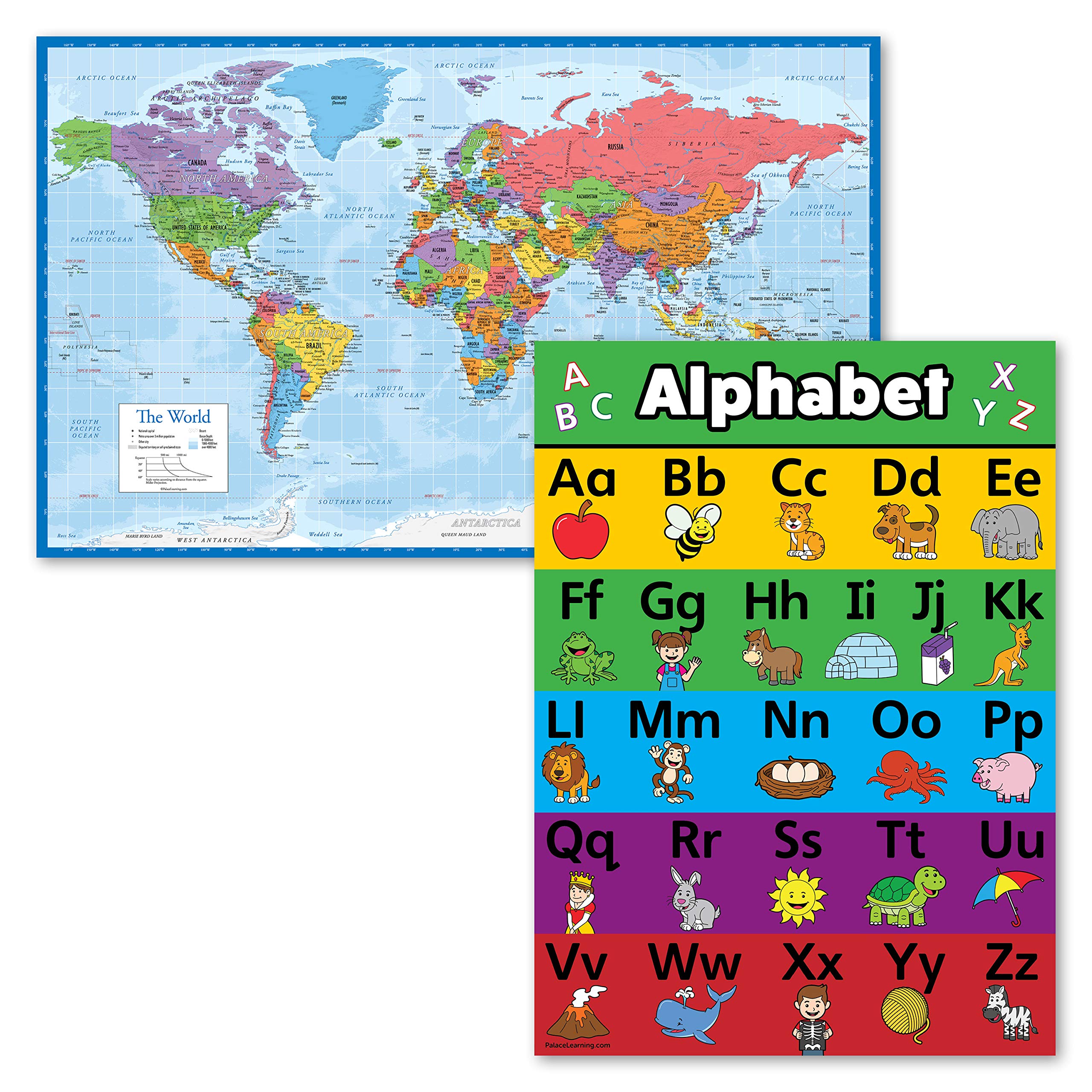 2 Pack World Map Poster Blue Ocean And Abc Alphabet | Desertcart KUWAIT