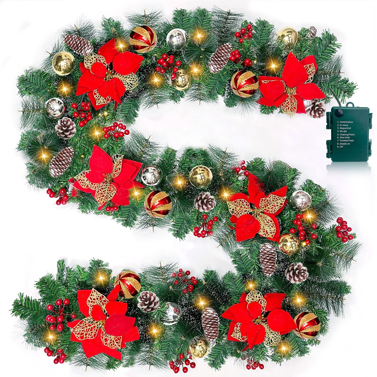 9 Ft 100 LED Prelit Christmas Garland Decoration Lights Timer 8 Modes ...