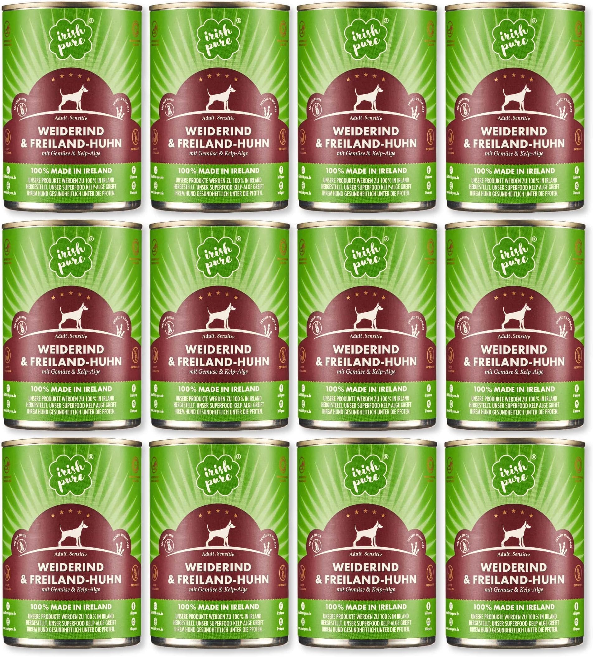 Irish Pure Premium Nassfutter für Hunde | 12x 390g | Weiderind ...