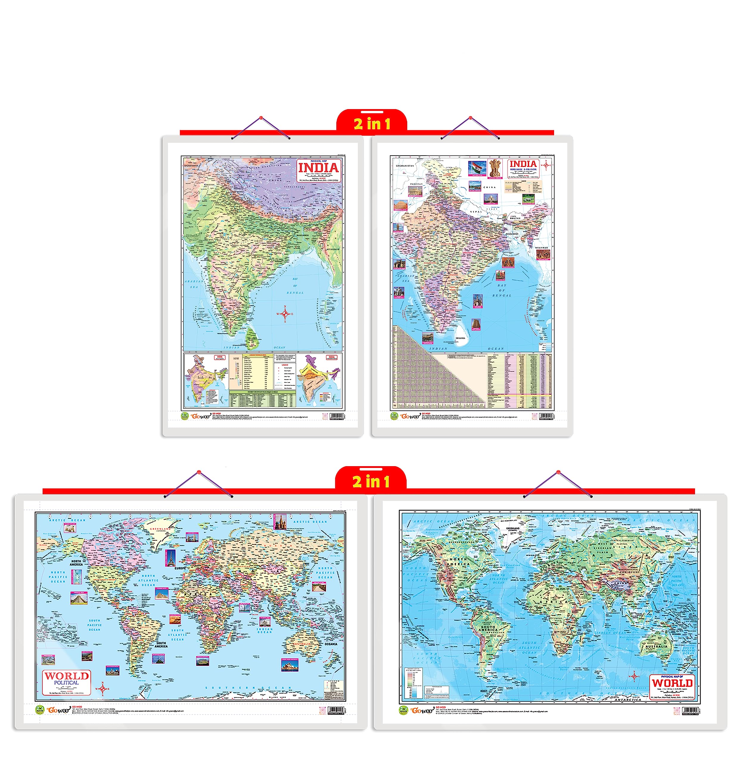 Pack of 2| 2 IN 1 INDIA POLITICAL & PHYSICAL MAP IN ENGLISH & WORLD ...