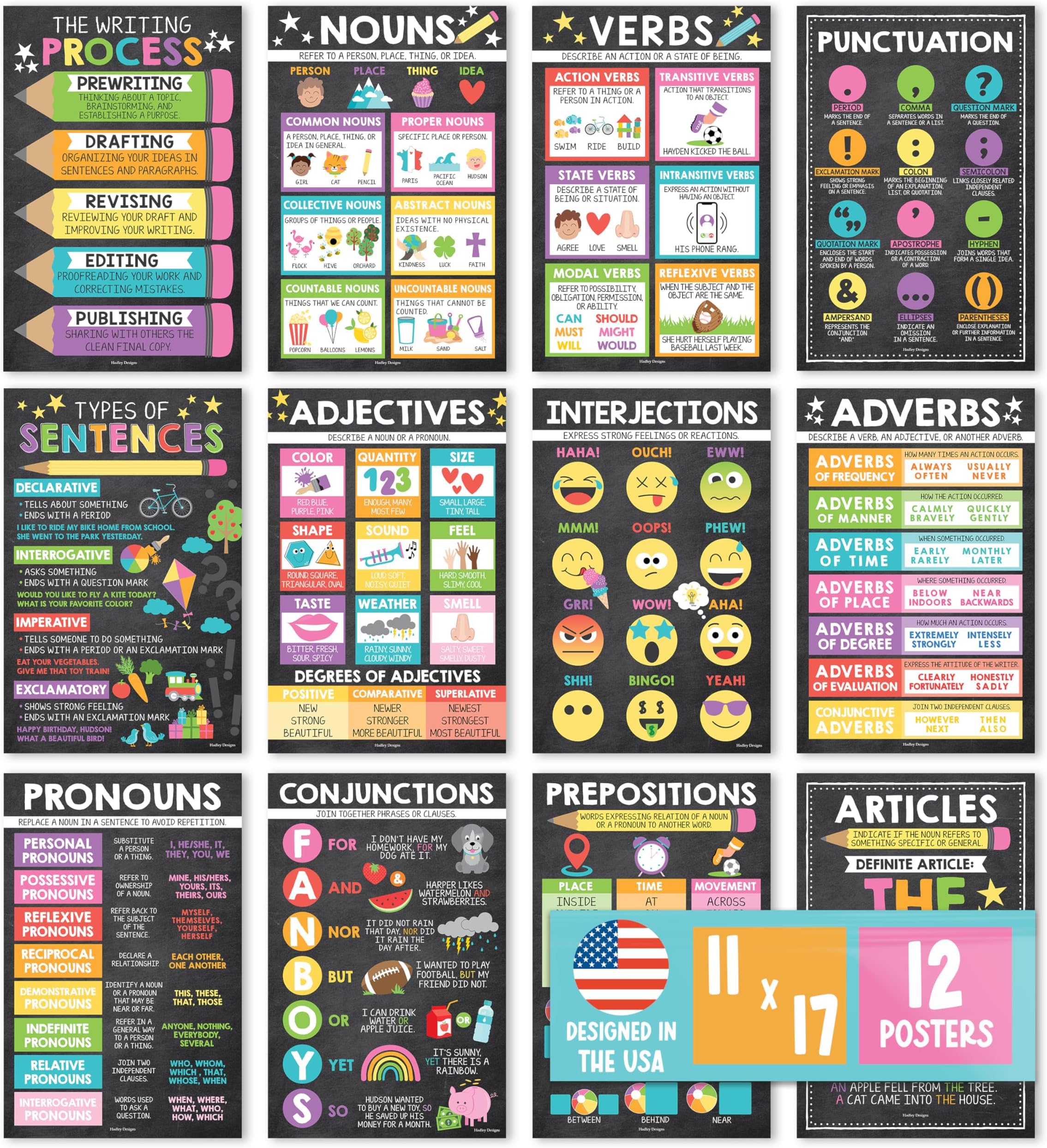 Amazon.com : Hadley Designs Parts Of Speech Posters For Classroom - 12 ...