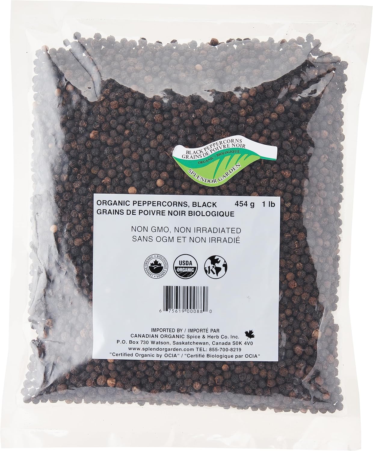 Splendor Garden Organic Black Peppercorns 454g - Certified Organic
