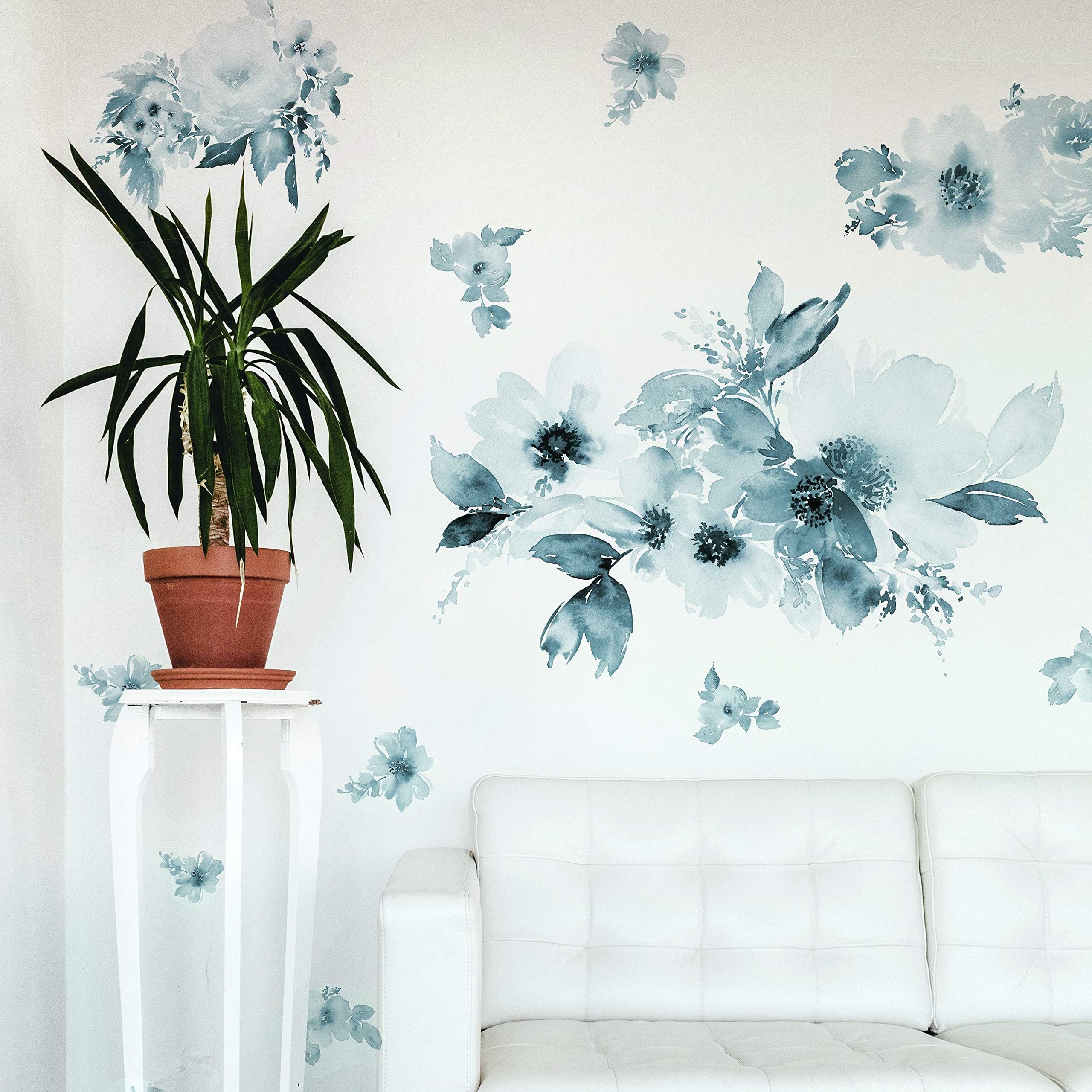 Amazon.com: Buiory 3d Removable Creative Light Blue Flower Wall Decals ...