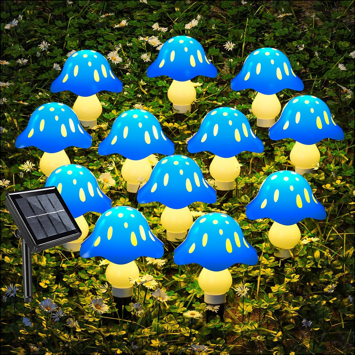 Blue Solar Mushroom Lights Outdoor - 12pcs 8 Modes 24.6ft Waterproof ...