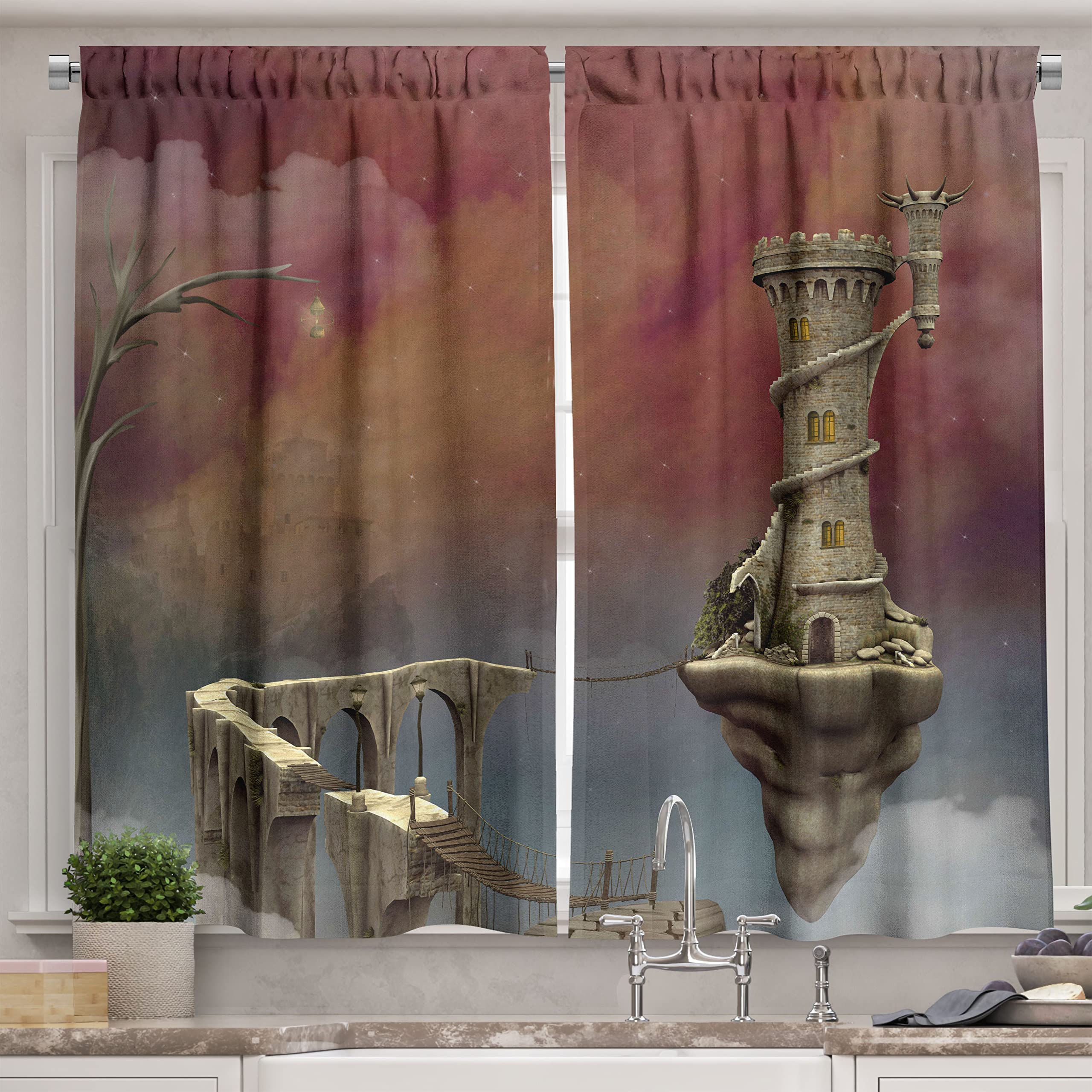 Amazon.com: Ambesonne Fantasy Kitchen Curtains, Medieval Castle High ...