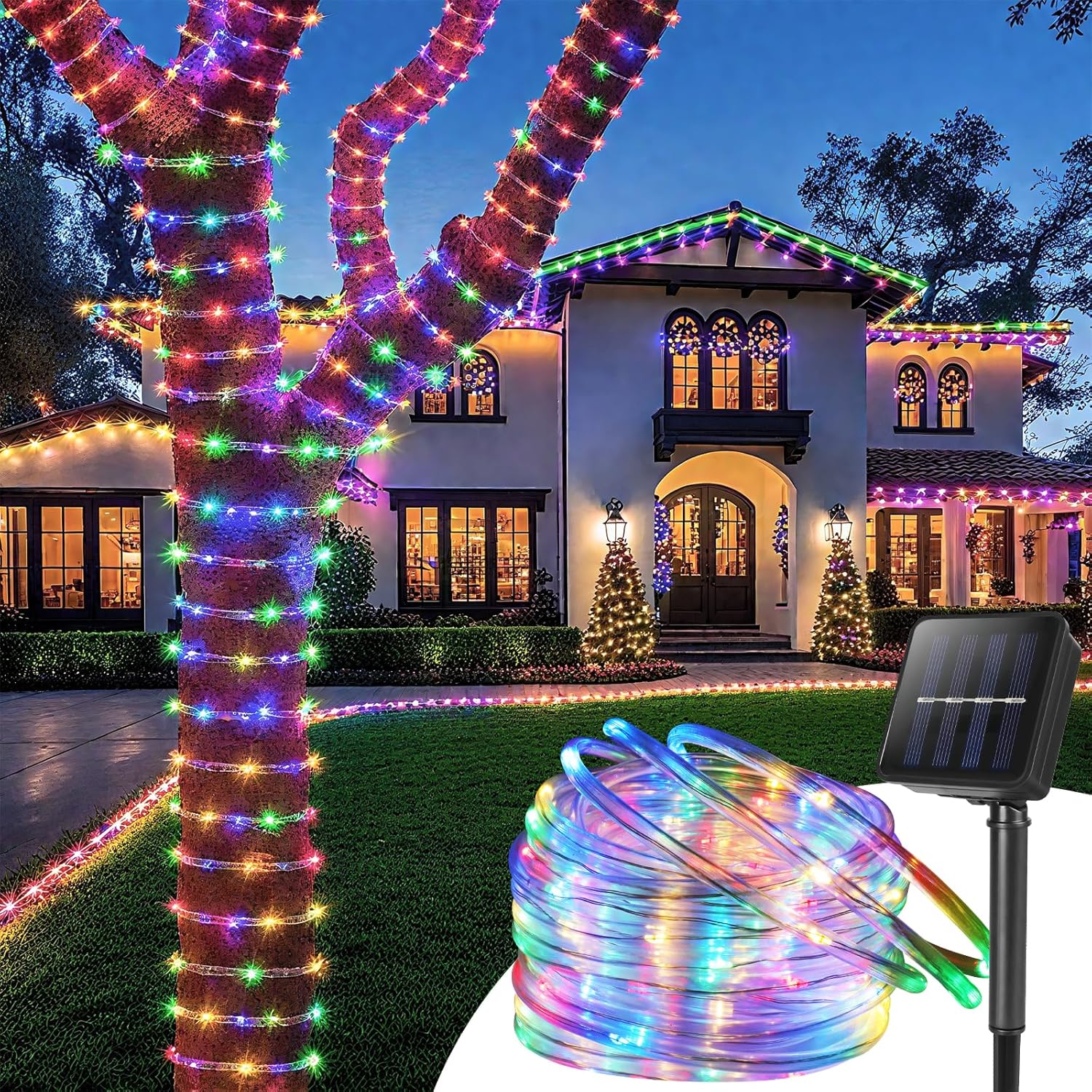 SFNDOU 66FT 200LED Solar Rope Lights Outdoor Waterproof, Multicolor ...