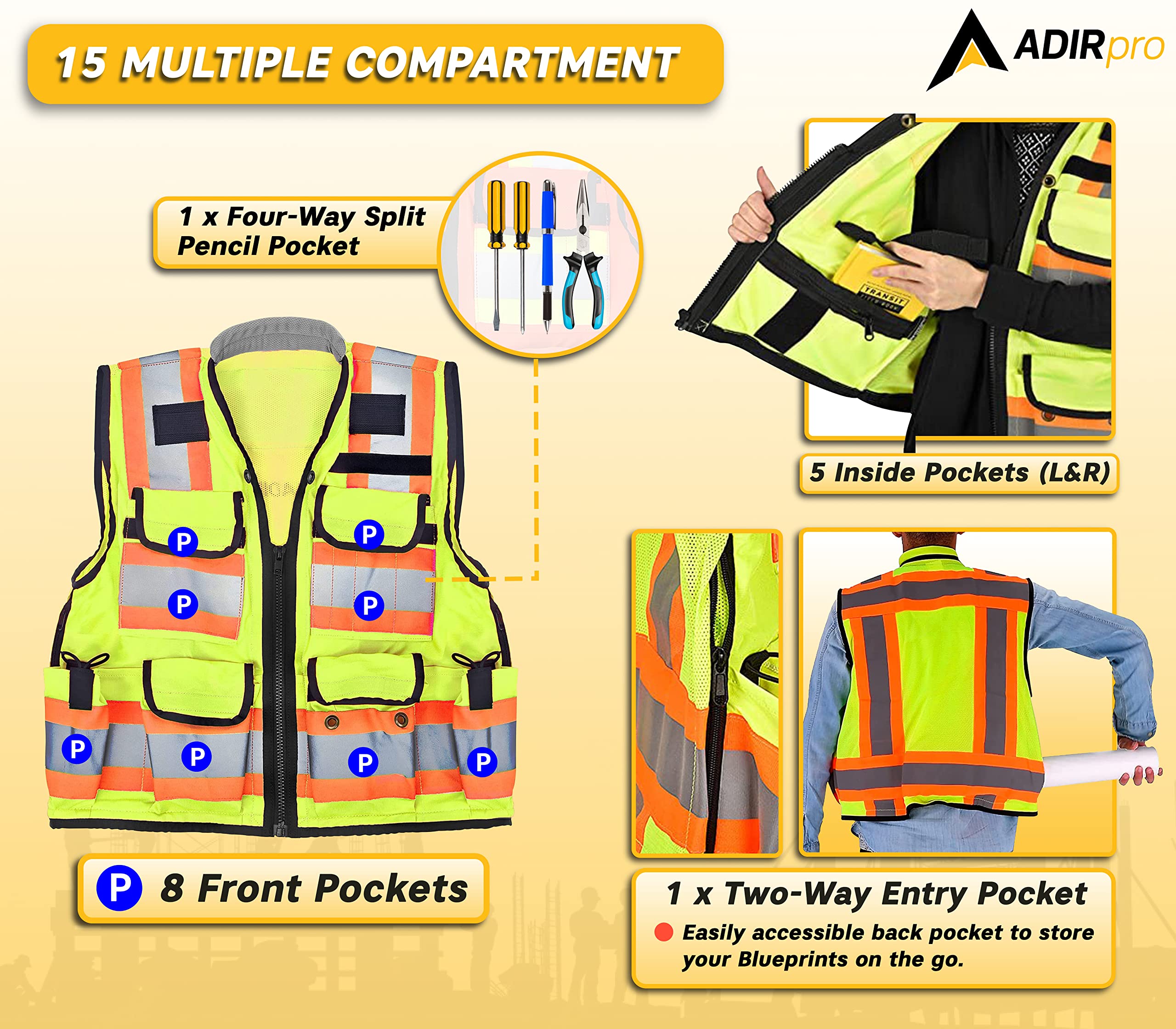 AdirPro Safety Vest - ANSI High Visibility Reflective Vest with Zipper ...