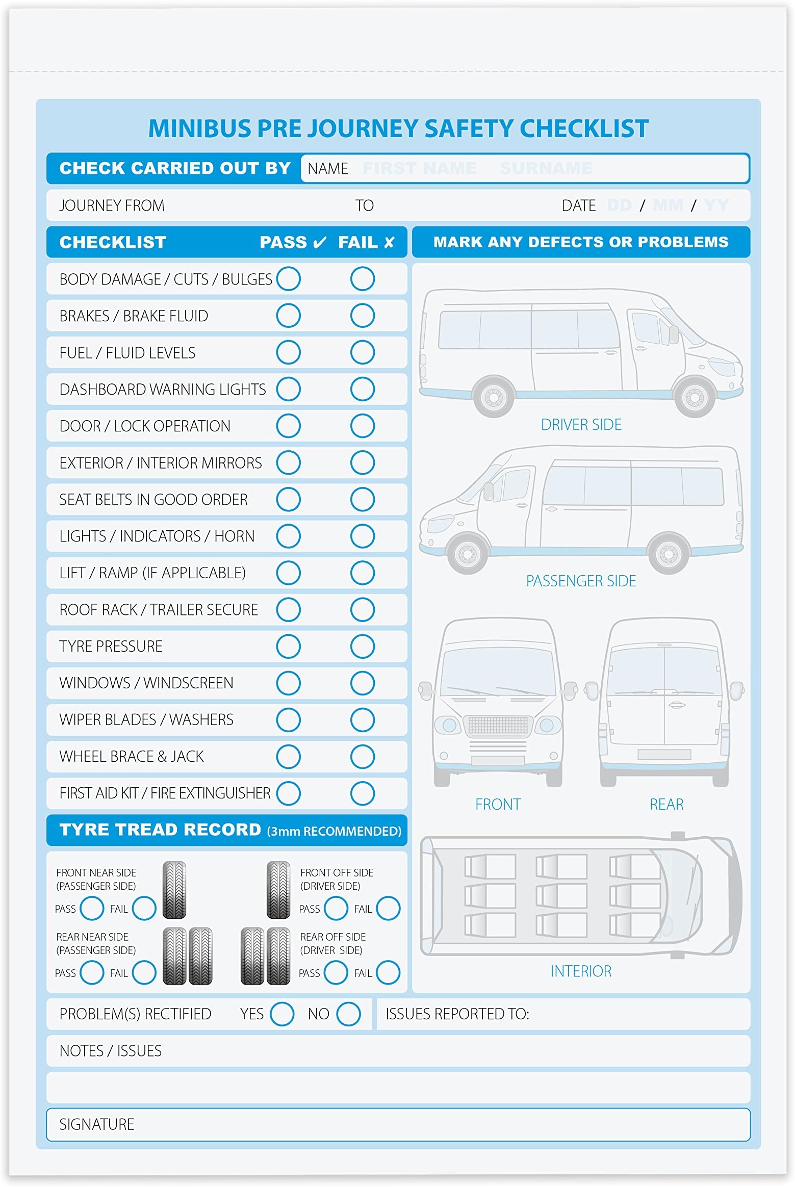 A5 Minibus defect/Check List Book, 2 Part, Duplicate, 50 Sets per Book ...