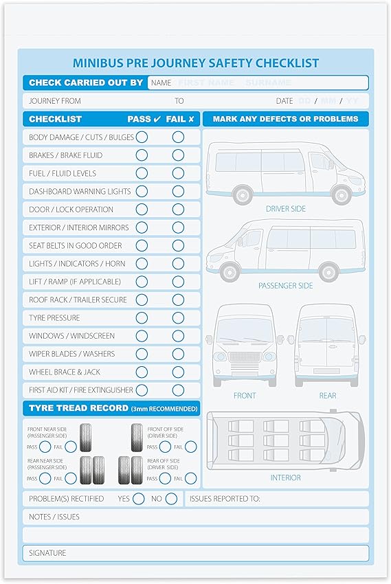 A5 Minibus defect/Check List Book, 2 Part, Duplicate, 50 Sets per Book ...