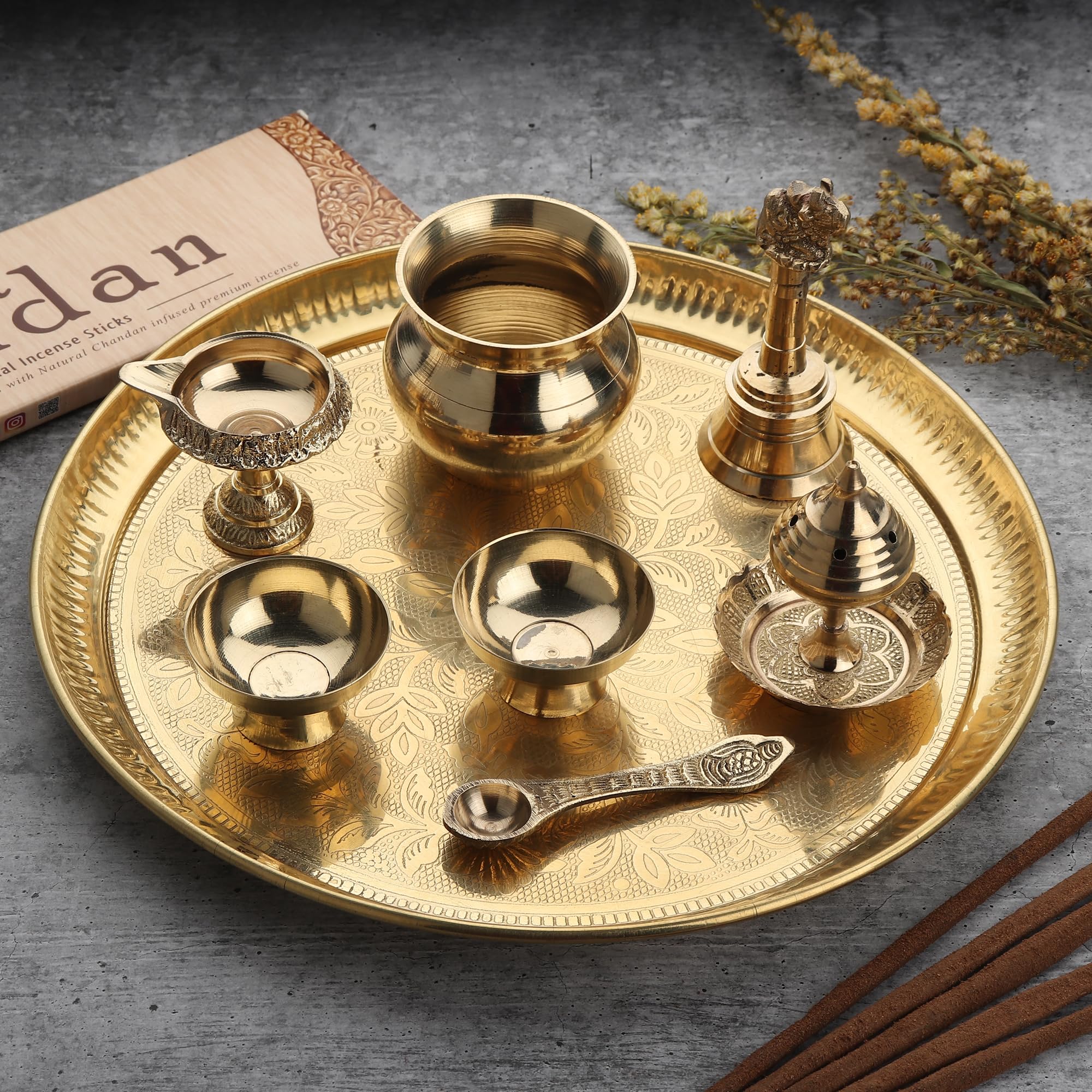 DOKCHAN Traditional Handcrafted Brass Puja 10 Inch Thali Aarti Bartan ...