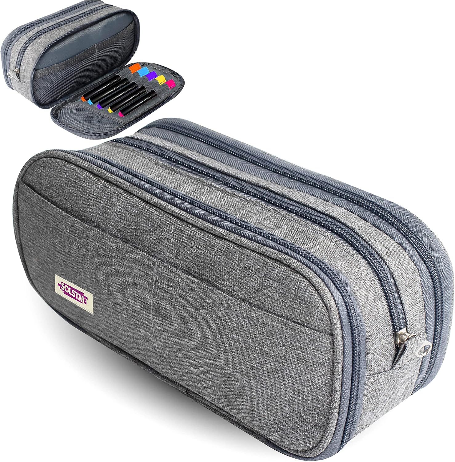 SOLSTM Grey Pencil Case - Large 3-Compartment Case for School, Office ...