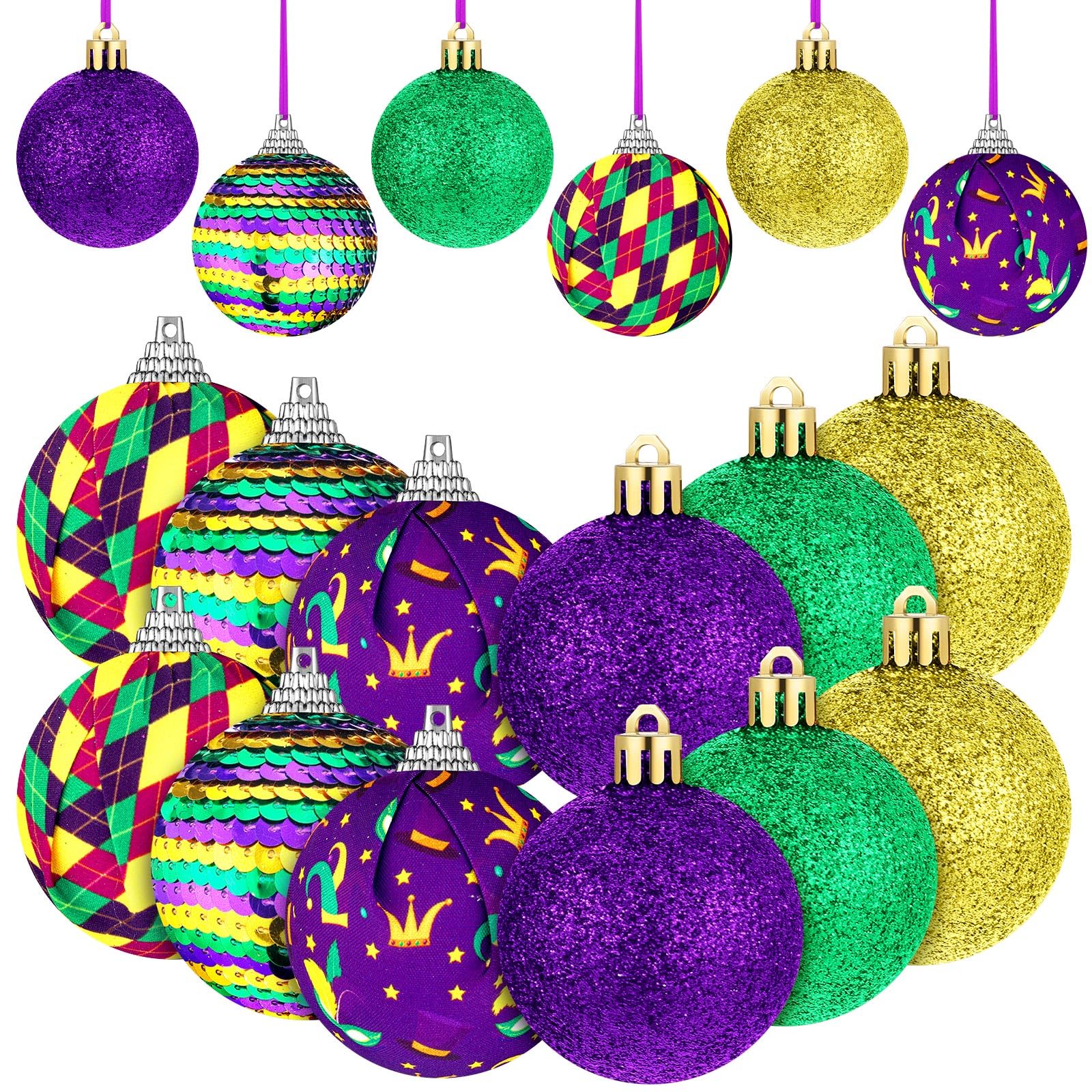 Shappy 24 Pcs Mardi Gras Ball Ornaments Purple Green Yellow Carnival ...