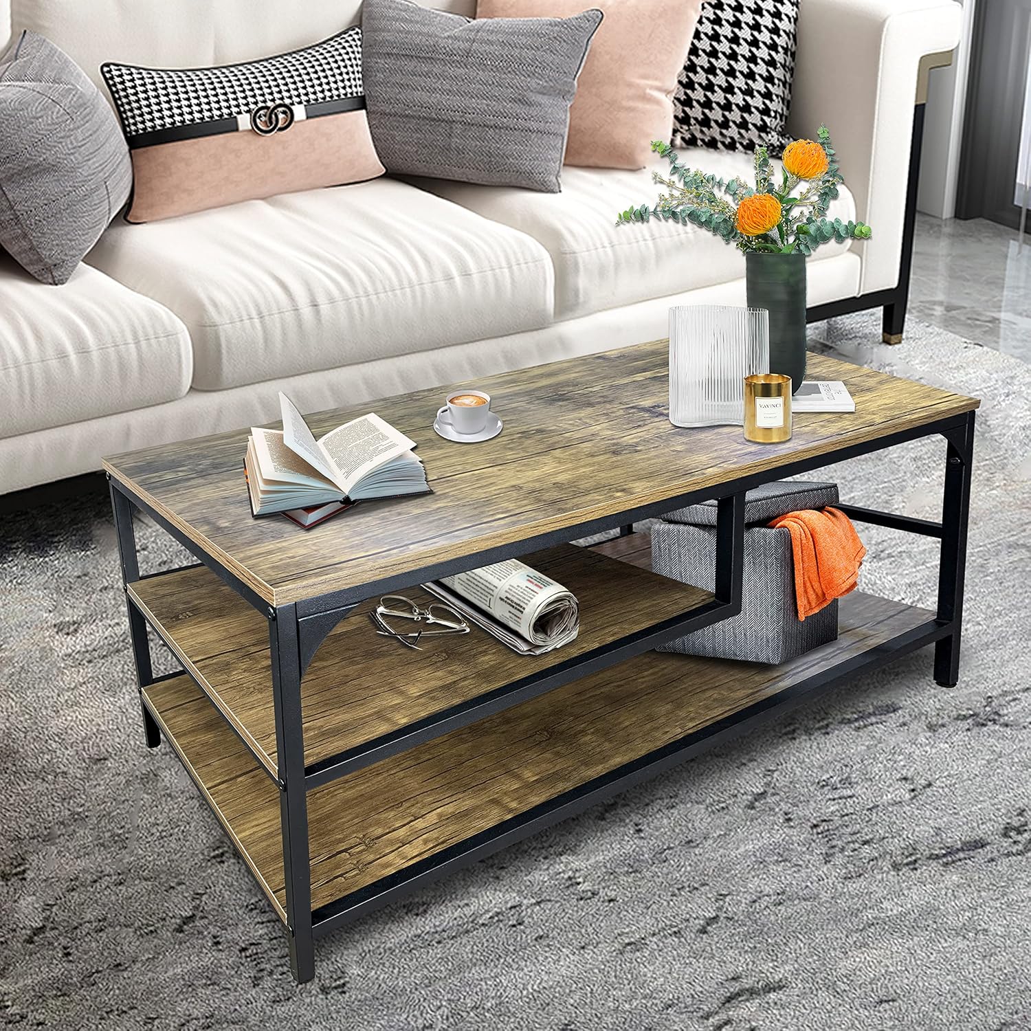 Industrial Rectangular Coffee Table 3 Tier Storage Rack for Living Room ...