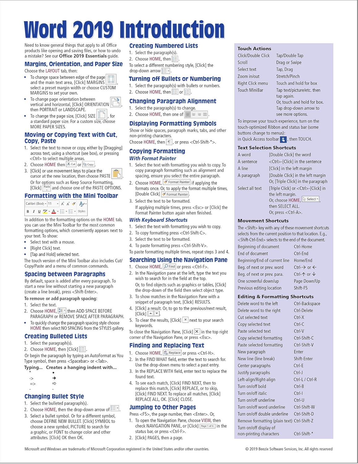 Microsoft Word 2019 Introduction Quick Reference Guide - Windows Version (Cheat Sheet of ...