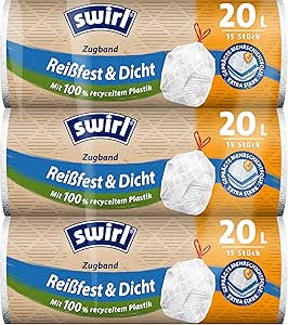 Swirl Reißfest & Dicht Müllbeutel mit Zugband, 20L, 3er Multipack mit 45 Beuteln, Extra Stark ...