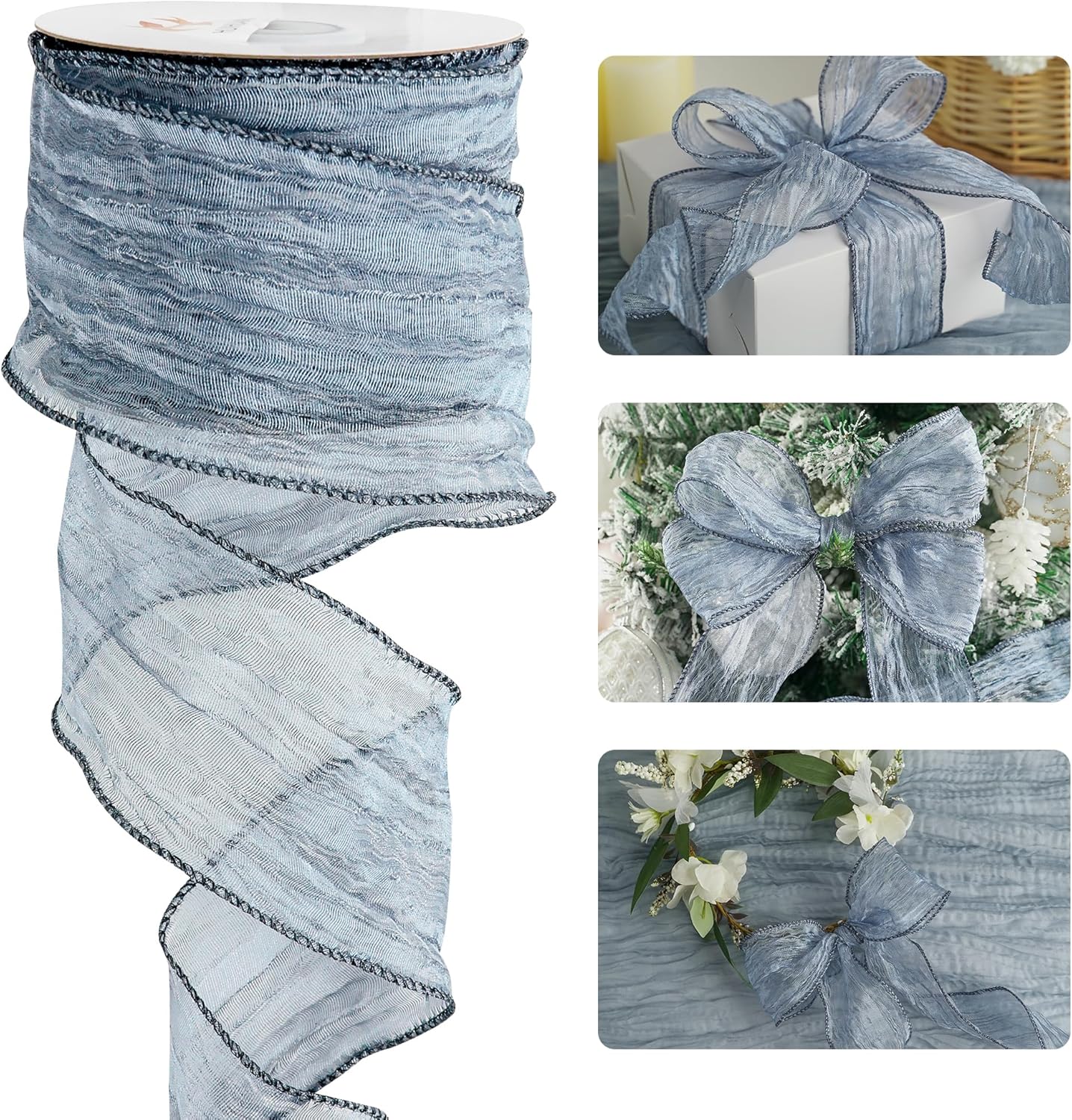 Amazon.com: HUIHUANG Blue Wire Ribbon 2.5 inch Metallic Crinkle Dusty ...