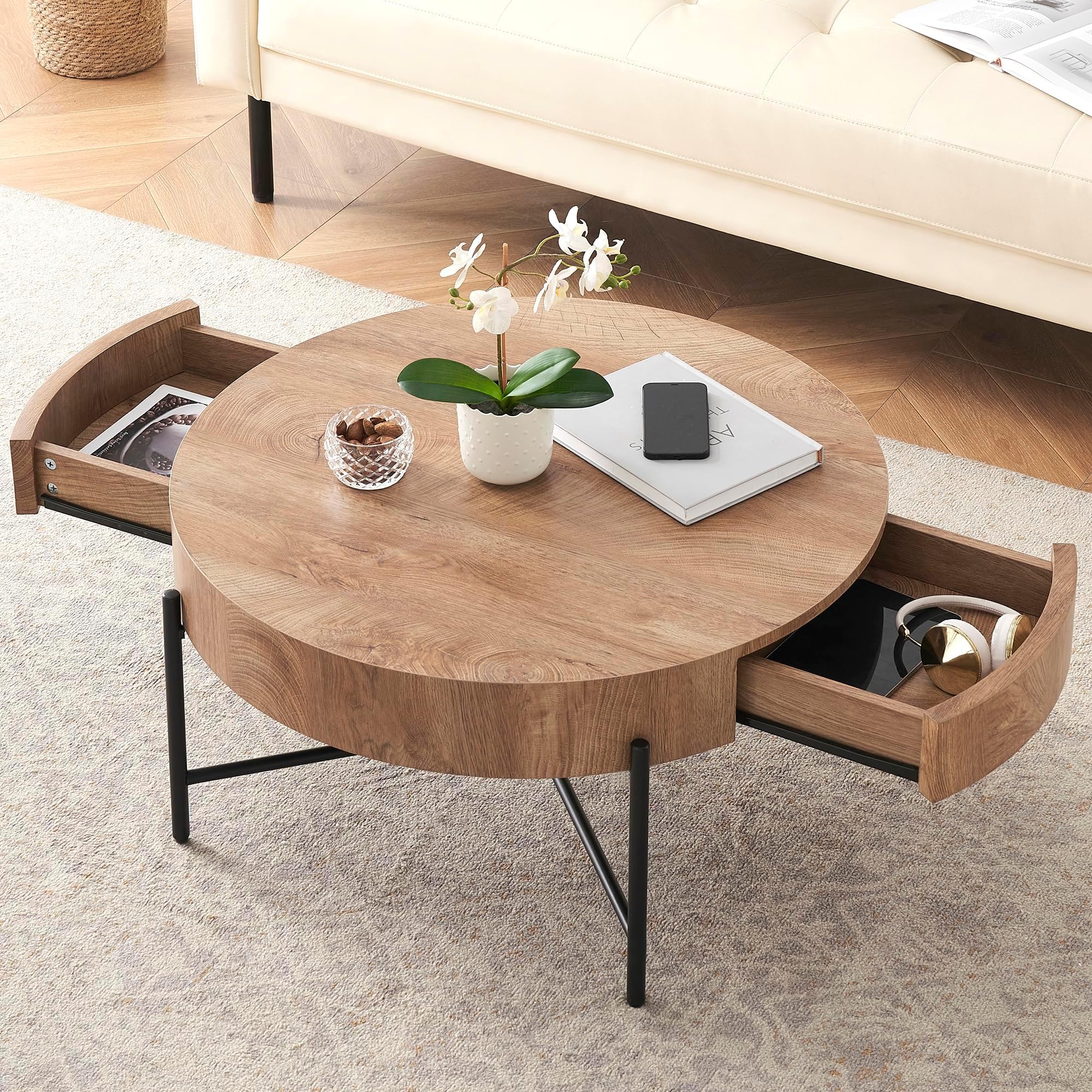 Amazon.com: IDEALHOUSE Round Coffee Table Living Room Wood Center Table ...