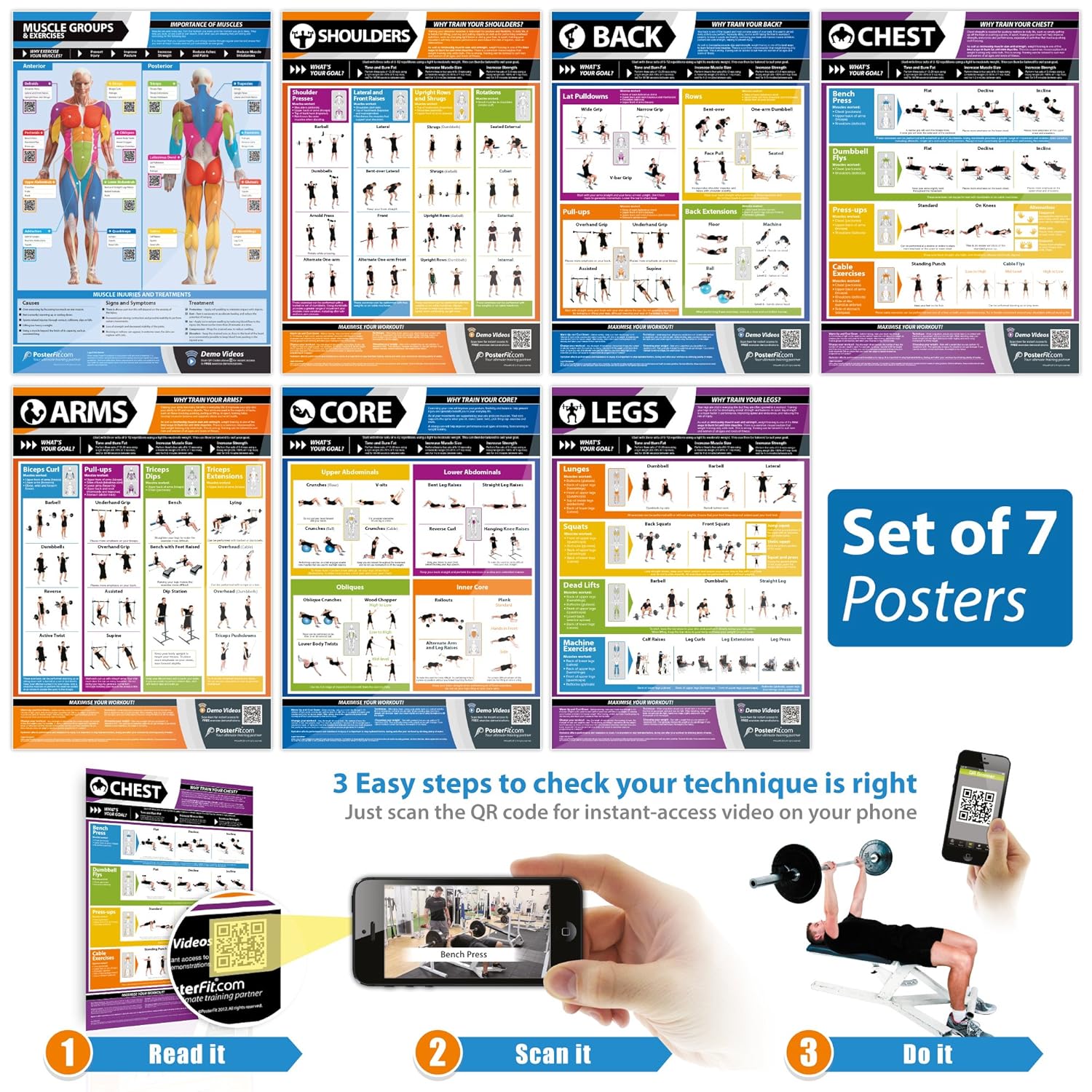 Amazon.com: Gym and Muscle Building Exercise Workout Posters - Set of 7 ...