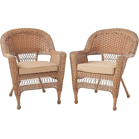 Amazon.com: Jeco Wicker Chair with Tan Cushion, Set of 2, Honey/W00205 ...
